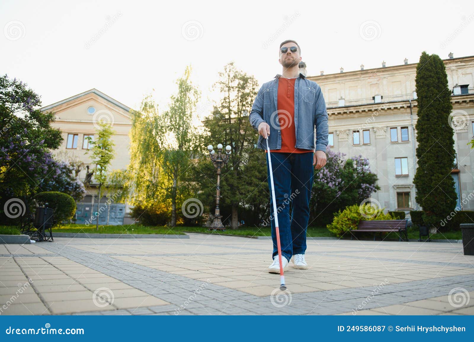 Young Handsome Blinded Man Walking with Stick in Town Stock Image ...