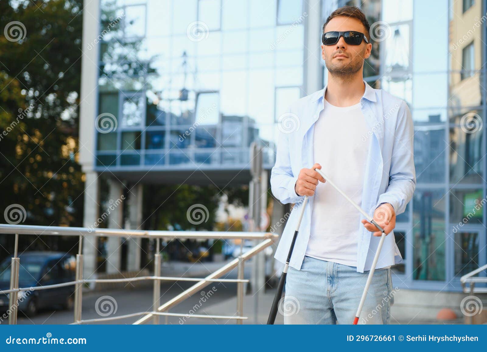Young Handsome Blinded Man Walking with Stick in Town Stock Image ...