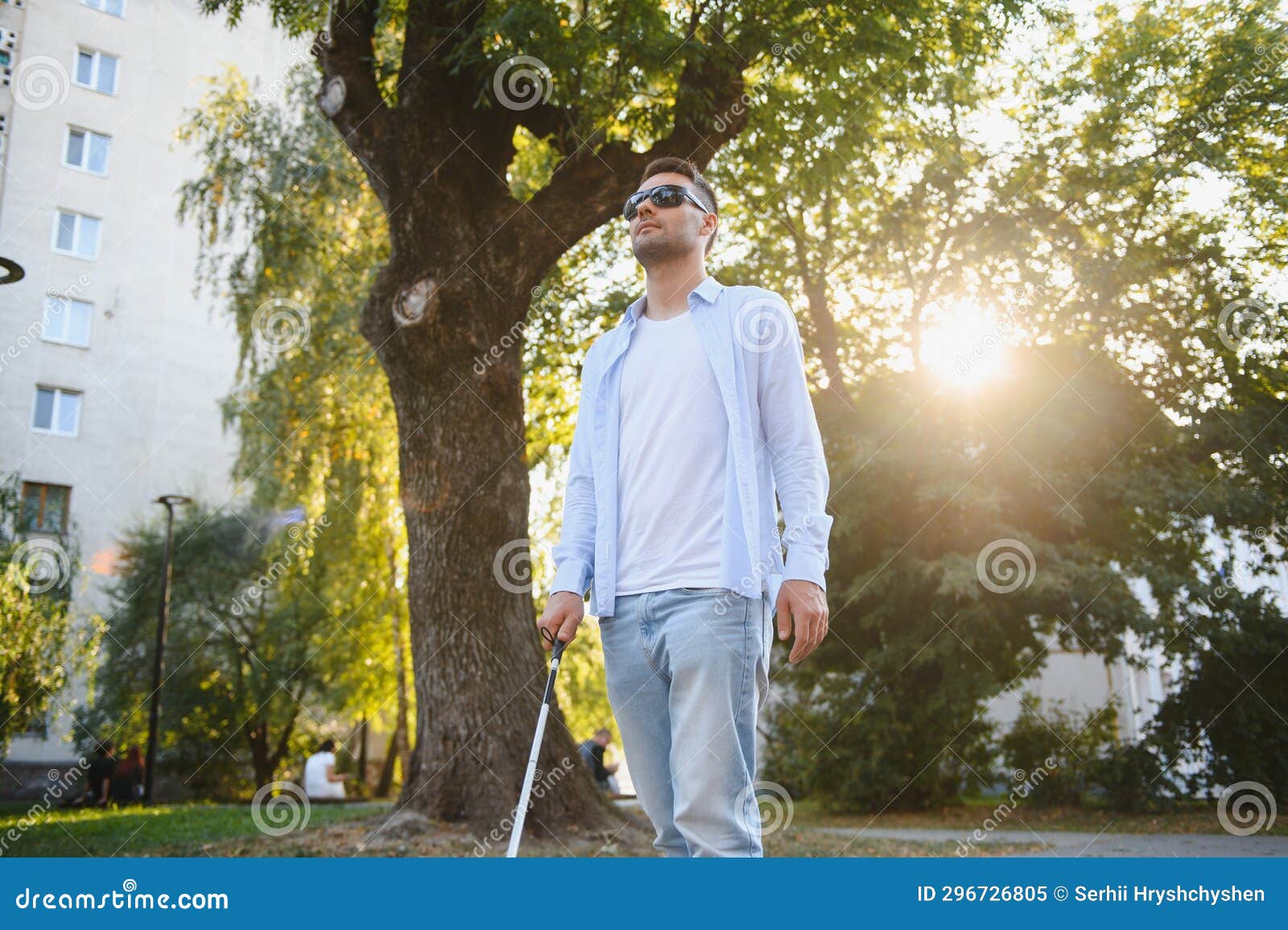 Young Handsome Blinded Man Walking with Stick in Town Stock Image ...