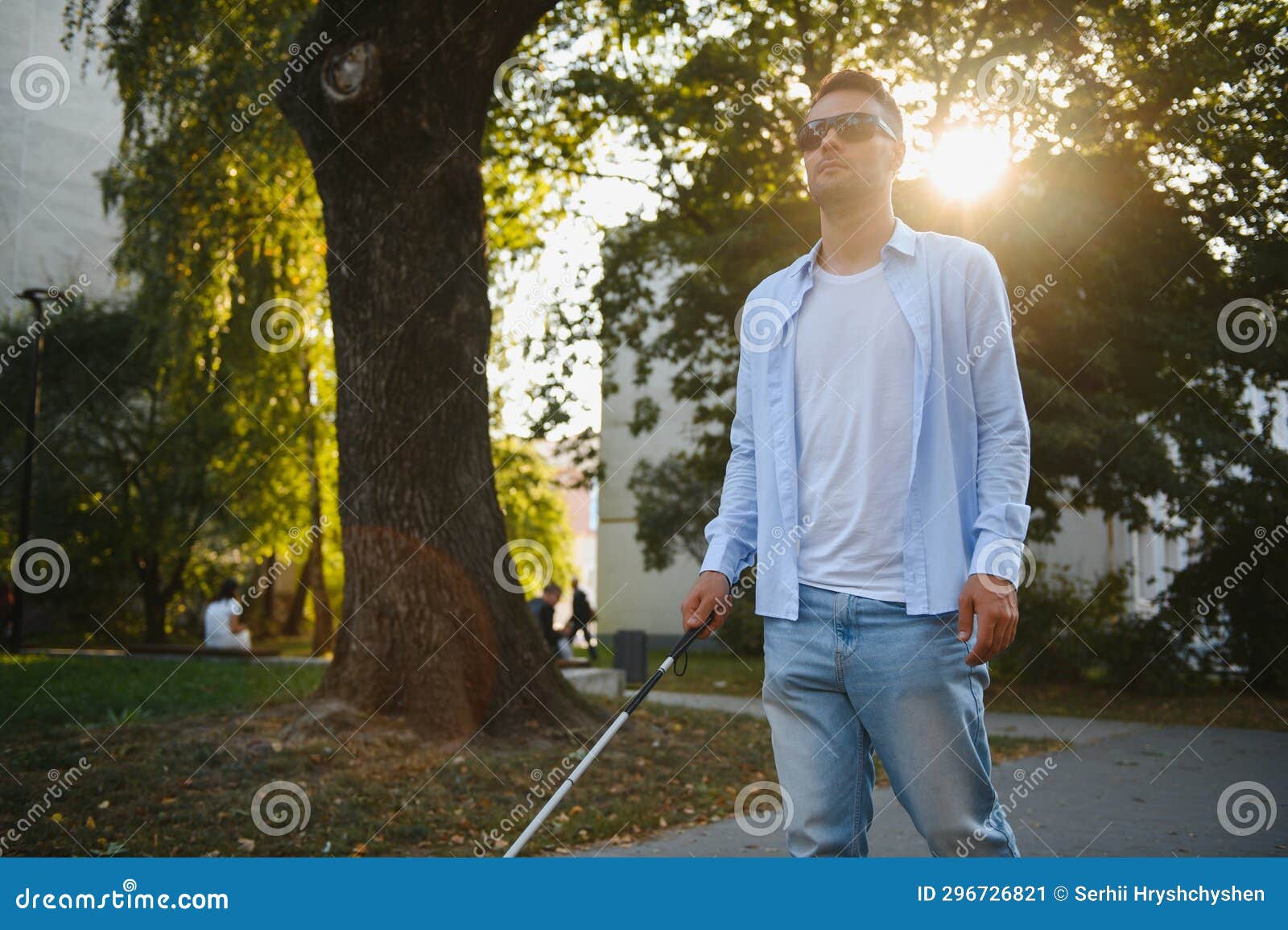 Young Handsome Blinded Man Walking with Stick in Town Stock Image ...