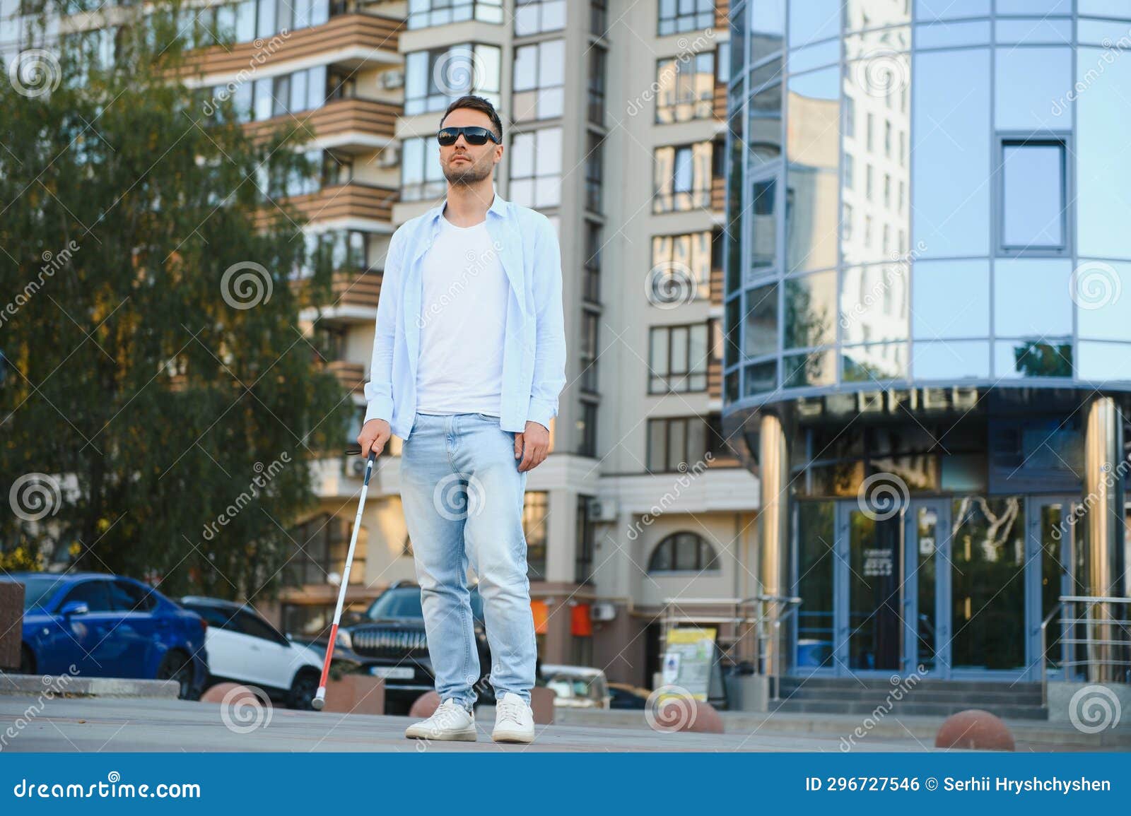 Young Handsome Blinded Man Walking with Stick in Town Stock Photo ...