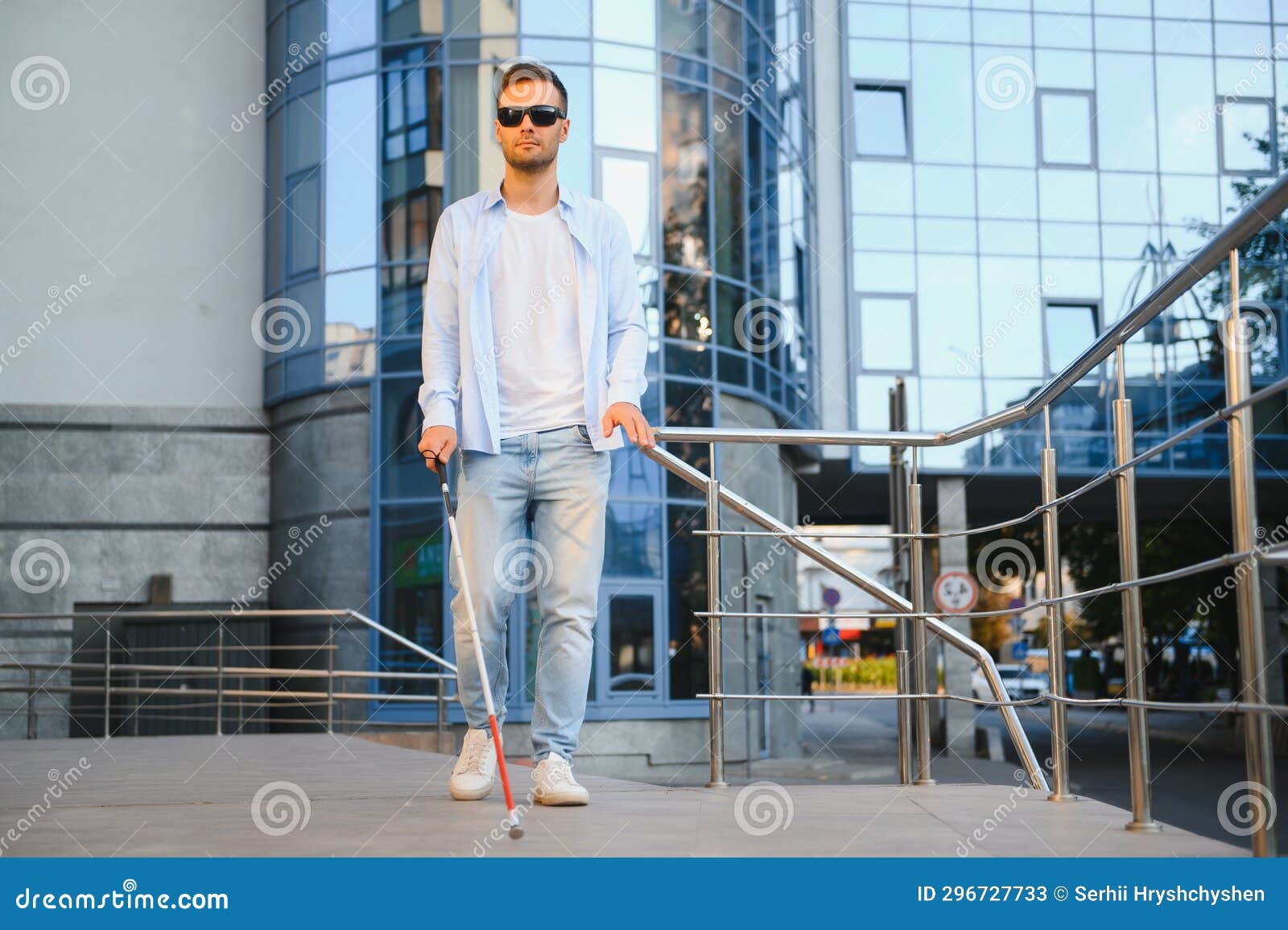 Young Handsome Blinded Man Walking with Stick in Town Stock Image ...