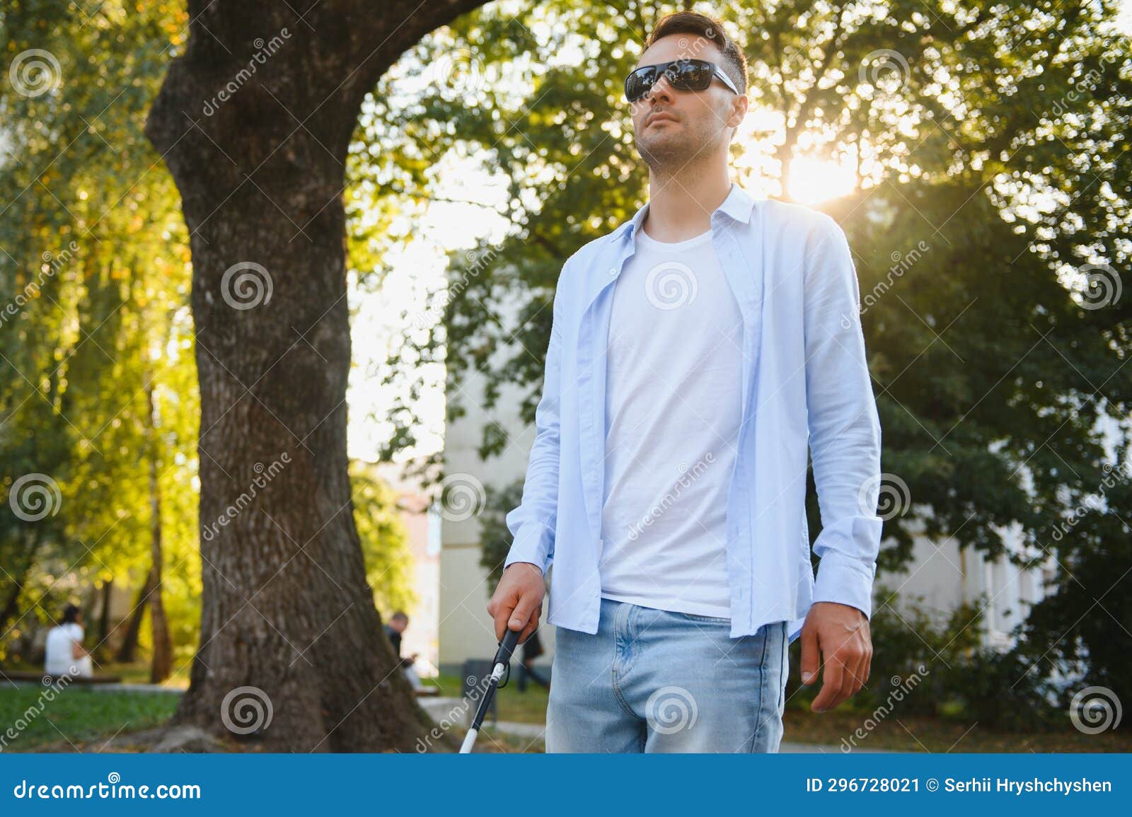Young Handsome Blinded Man Walking with Stick in Town Stock Image ...