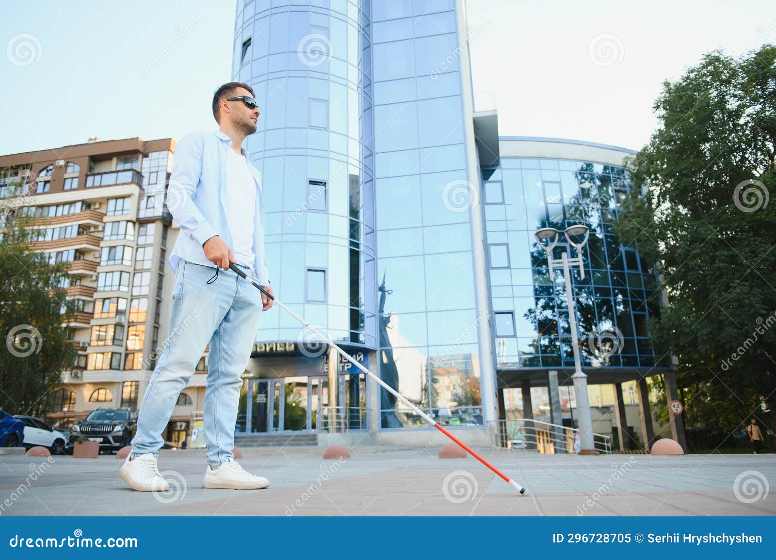Young Handsome Blinded Man Walking with Stick in Town Stock Image ...