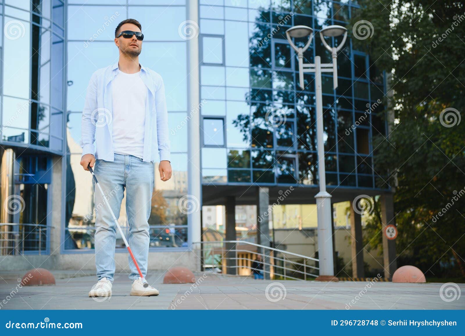 Young Handsome Blinded Man Walking with Stick in Town Stock Photo ...