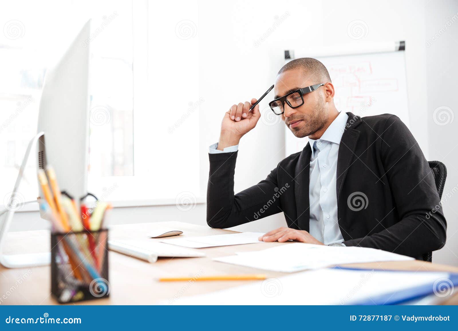 Young Handsome Businessman Thinking about Work Stock Image - Image of ...