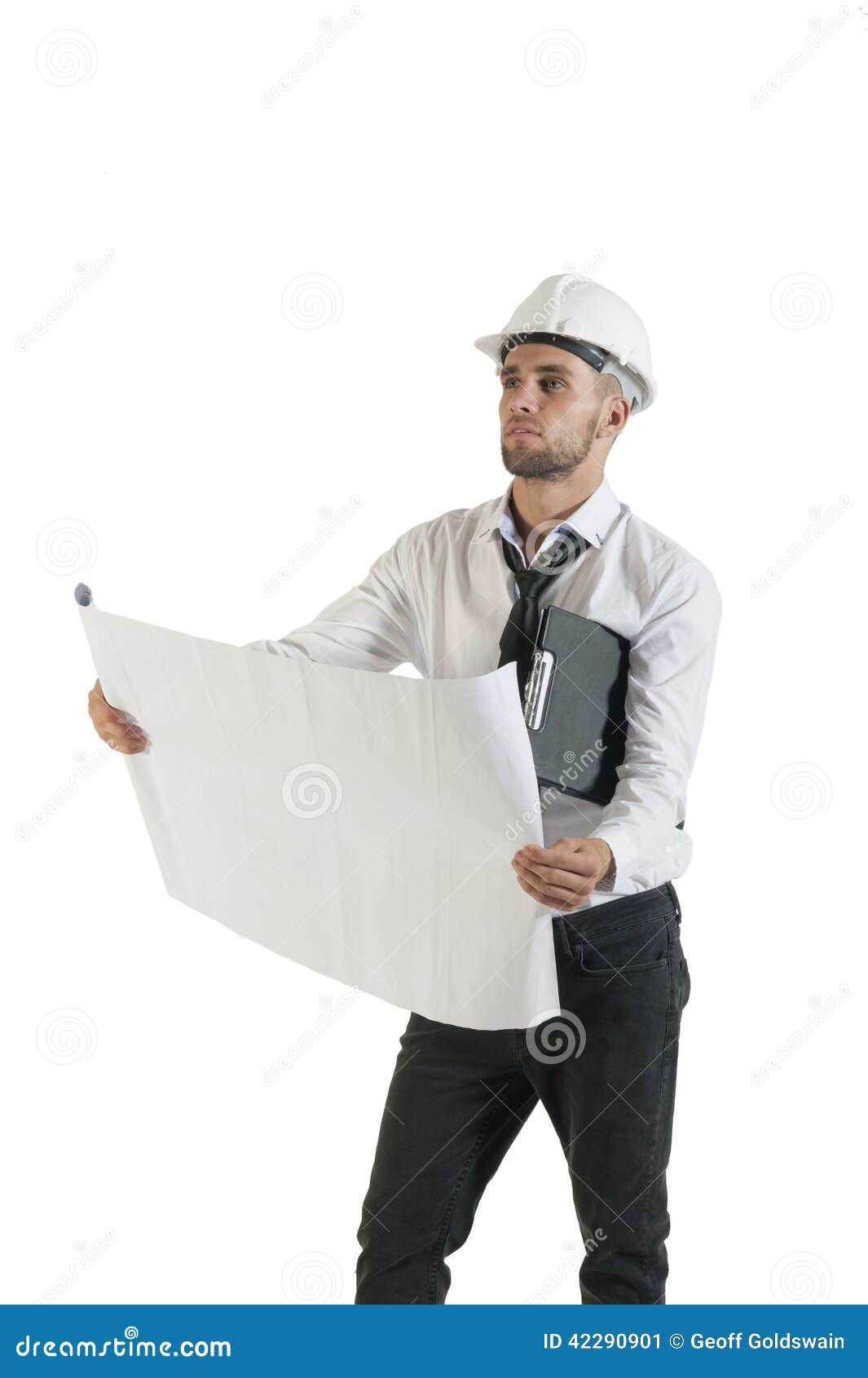 Young Handsome Construction Technician Reading Drawing Plans on White ...