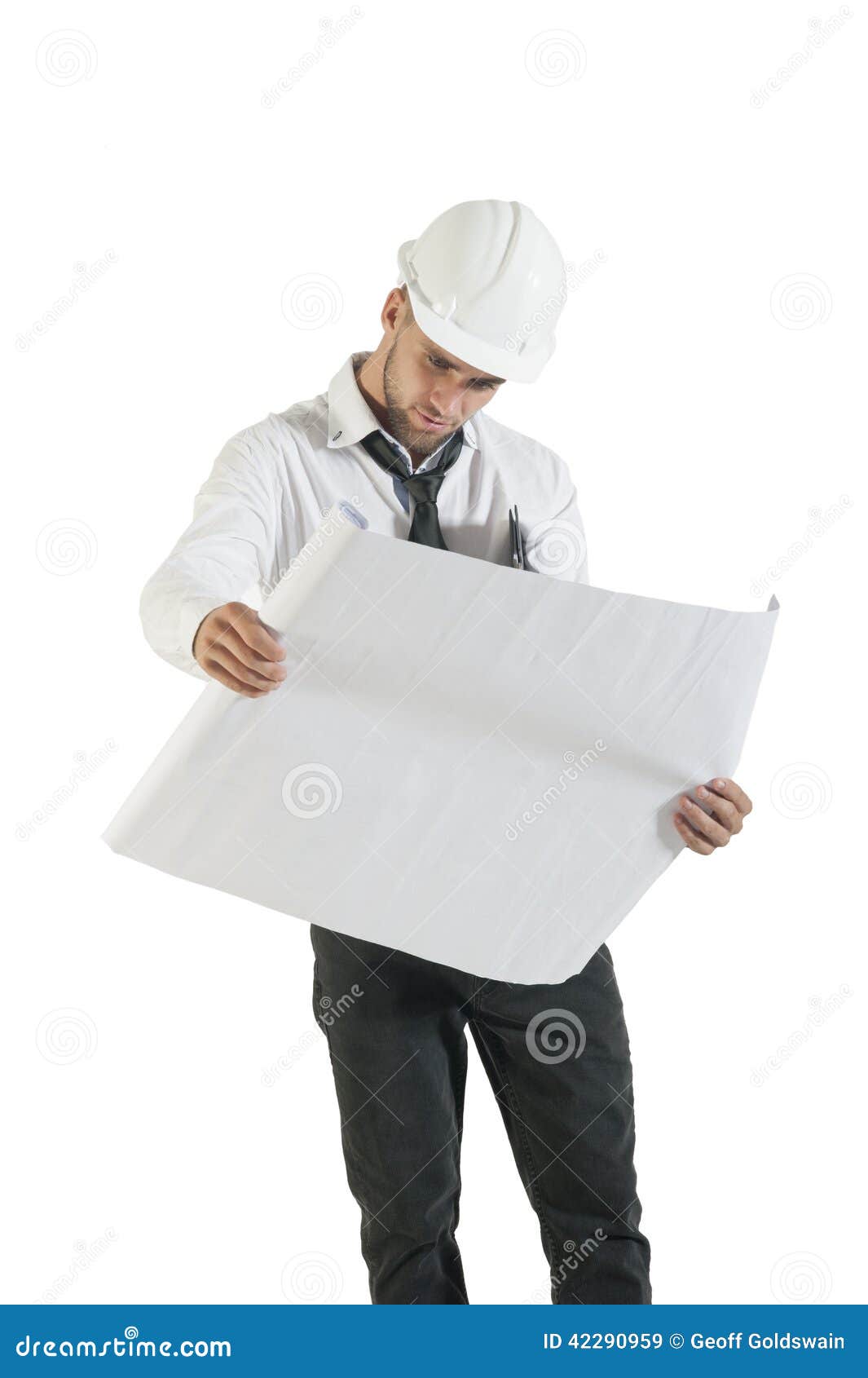 Young Handsome Construction Technician Reading Drawing Plans on White ...