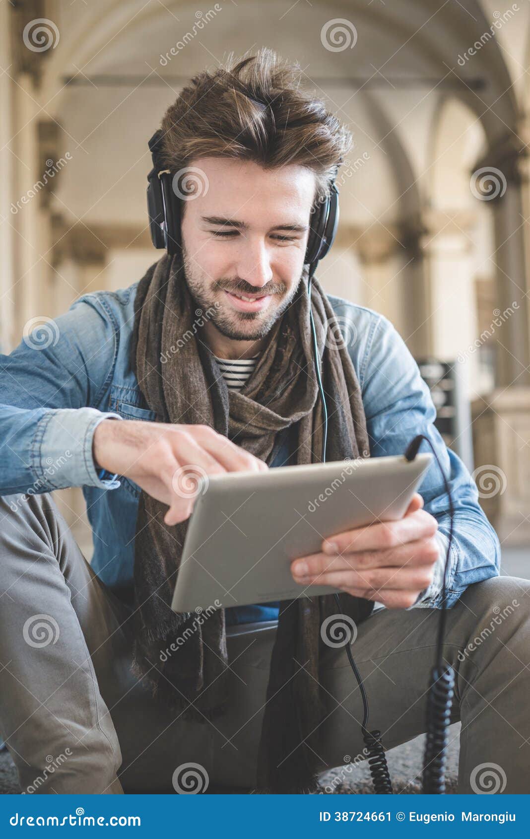 Young Handsome Fashion Model Using Tablet Man Stock Image - Image of ...