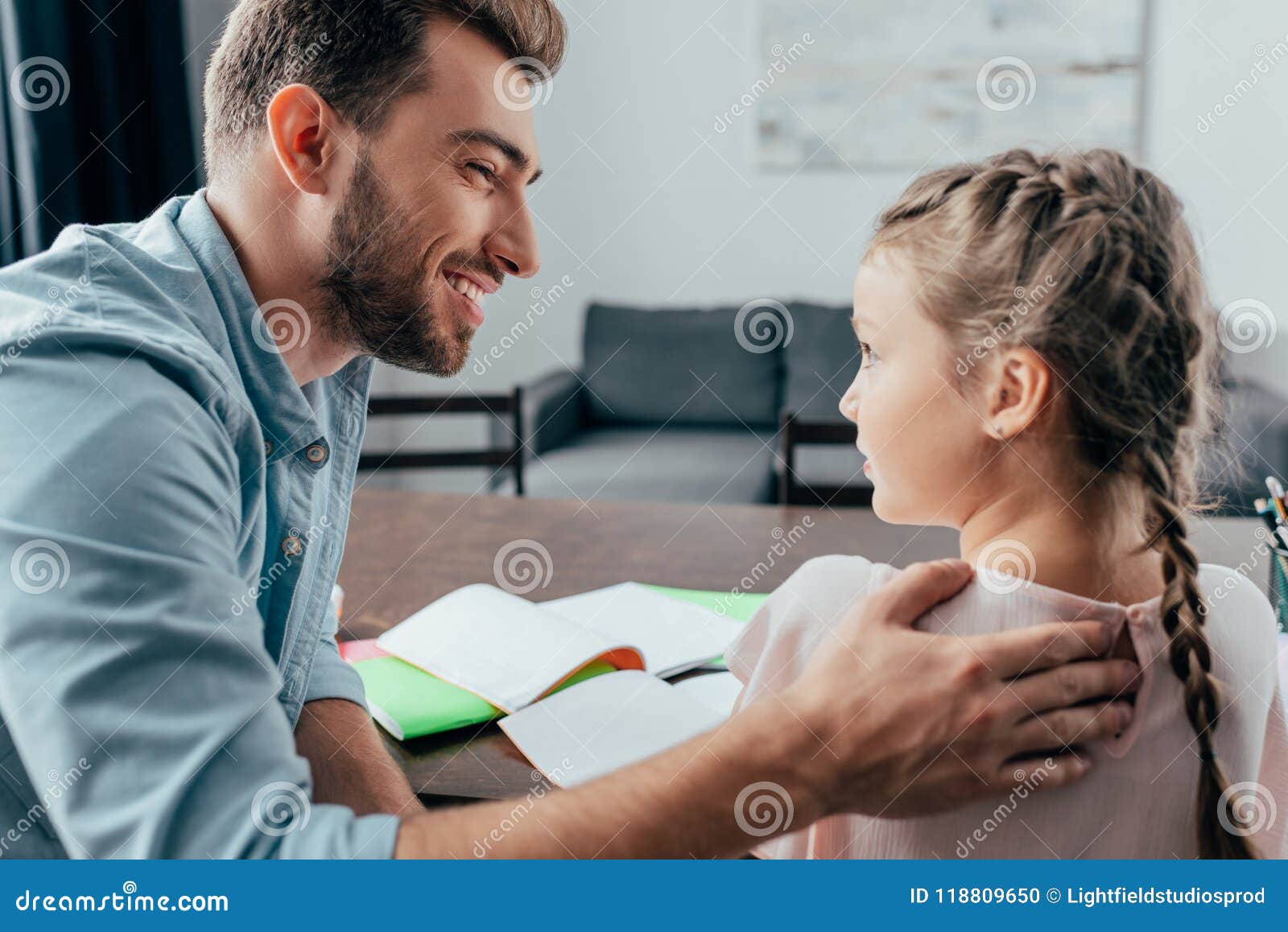 Young Handsome Father Helping Her Daughter Stock Photo - Image of ...