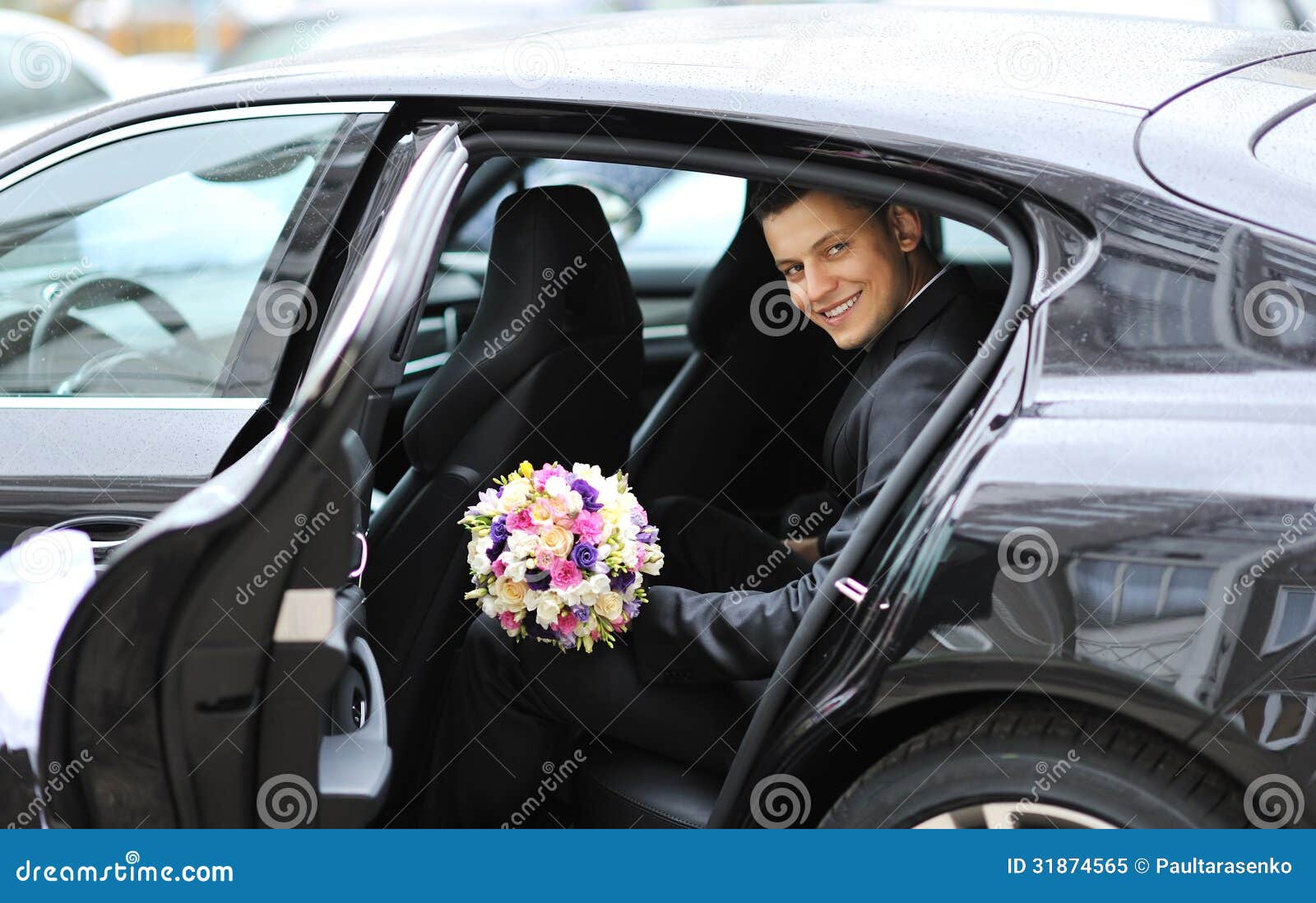 Young Handsome Groom Sitting in a Car on His Wedding Day Stock Image ...