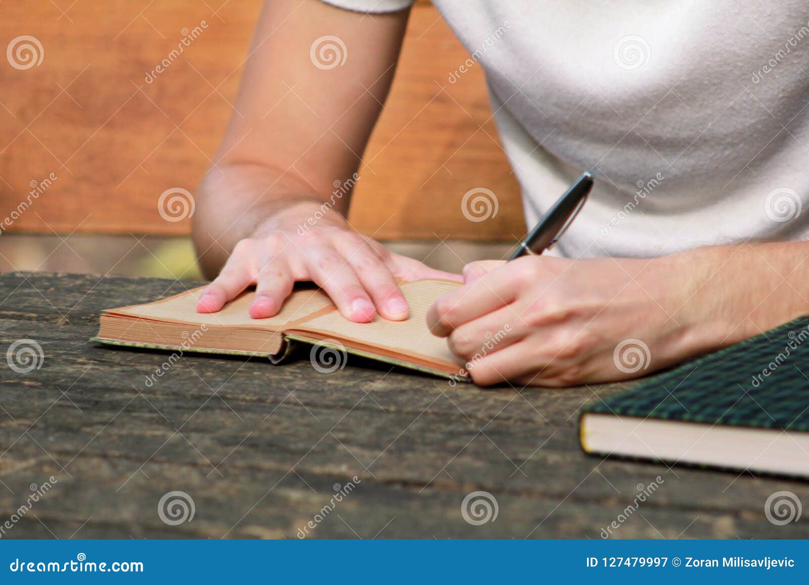 Young Handsome Guy Sitting at Wooden Table, Writing a Book, Doing ...