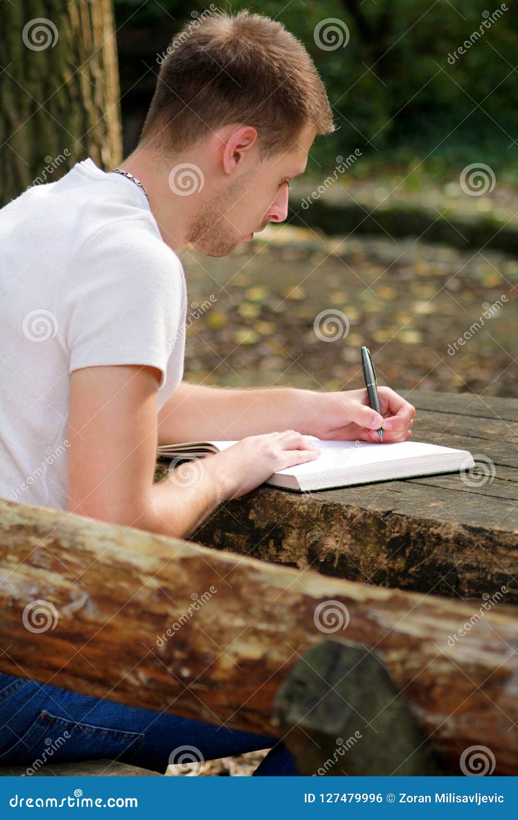 Young Handsome Guy Sitting at Wooden Table, Writing a Book, Doing ...