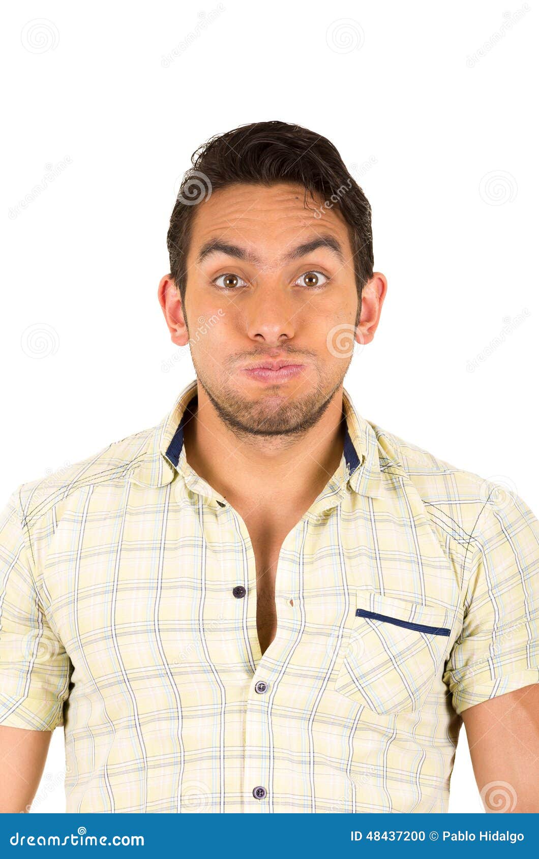 Young Handsome Hispanic Man Blowing Cheeks Stock Photo - Image of hair ...