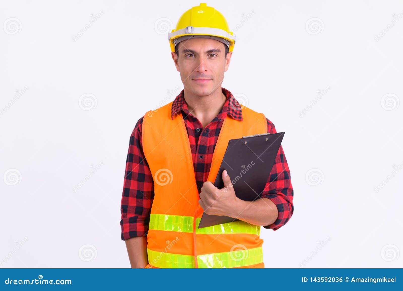 Young Handsome Hispanic Man Construction Worker Holding Clipboard Stock ...