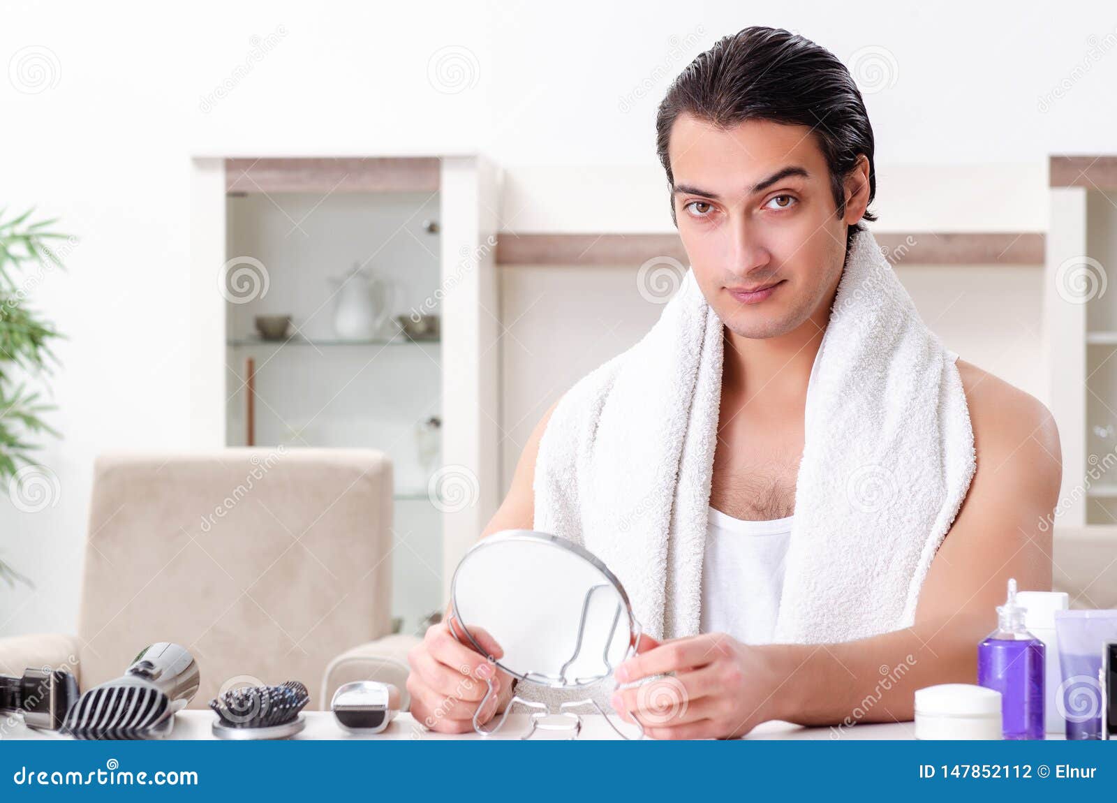 The Young Handsome Man in the Bathroom Stock Photo - Image of clean ...