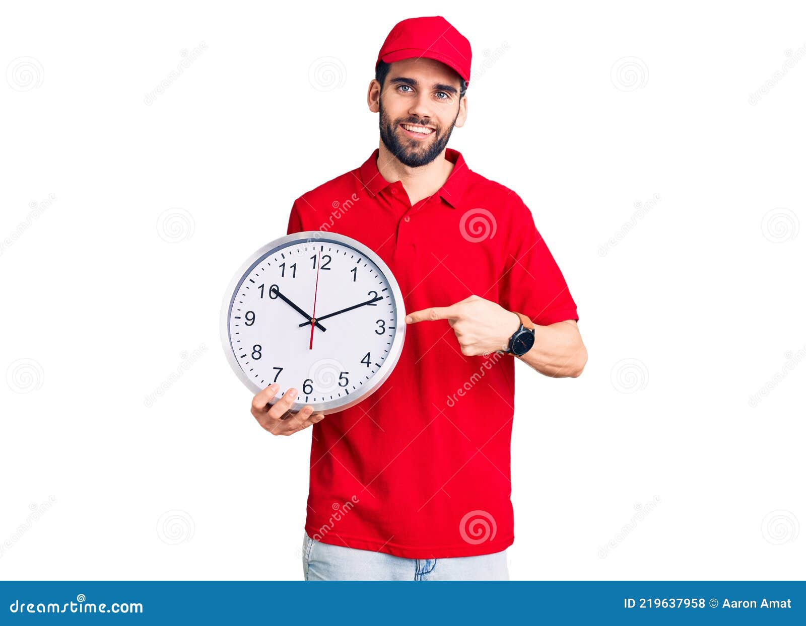 Young Handsome Man With Beard Wearing Delivery Uniform Holding Big