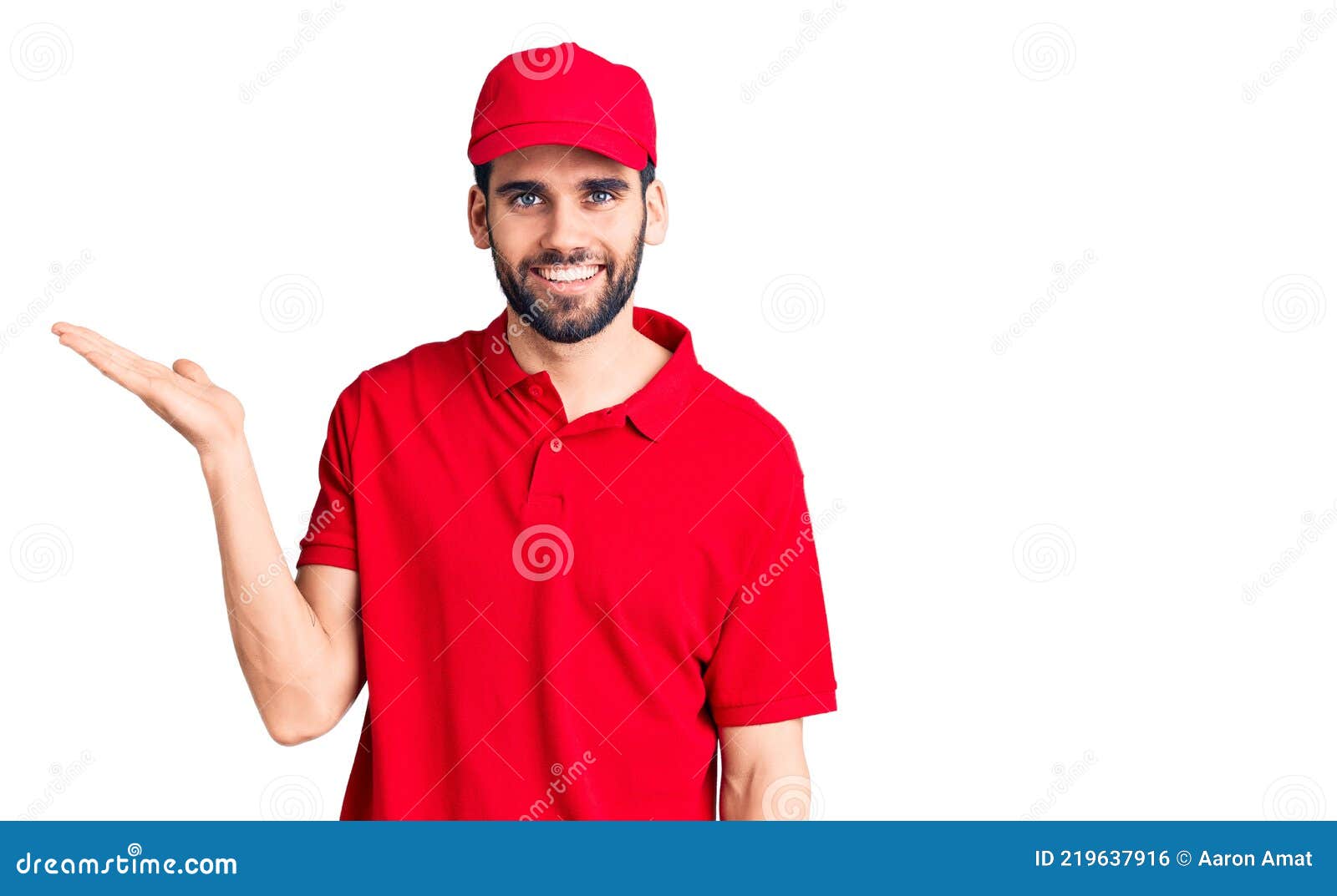 Young Handsome Man With Beard Wearing Delivery Uniform Smiling Cheerful