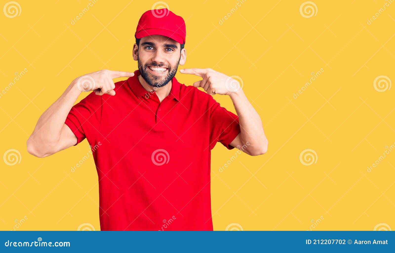 Young Handsome Man With Beard Wearing Delivery Uniform Smiling Cheerful