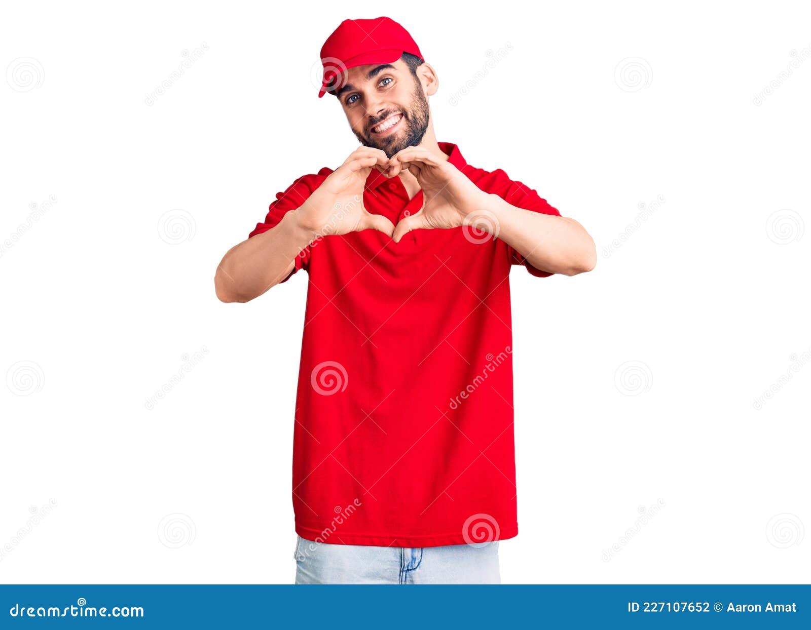 Young Handsome Man With Beard Wearing Delivery Uniform Smiling In Love