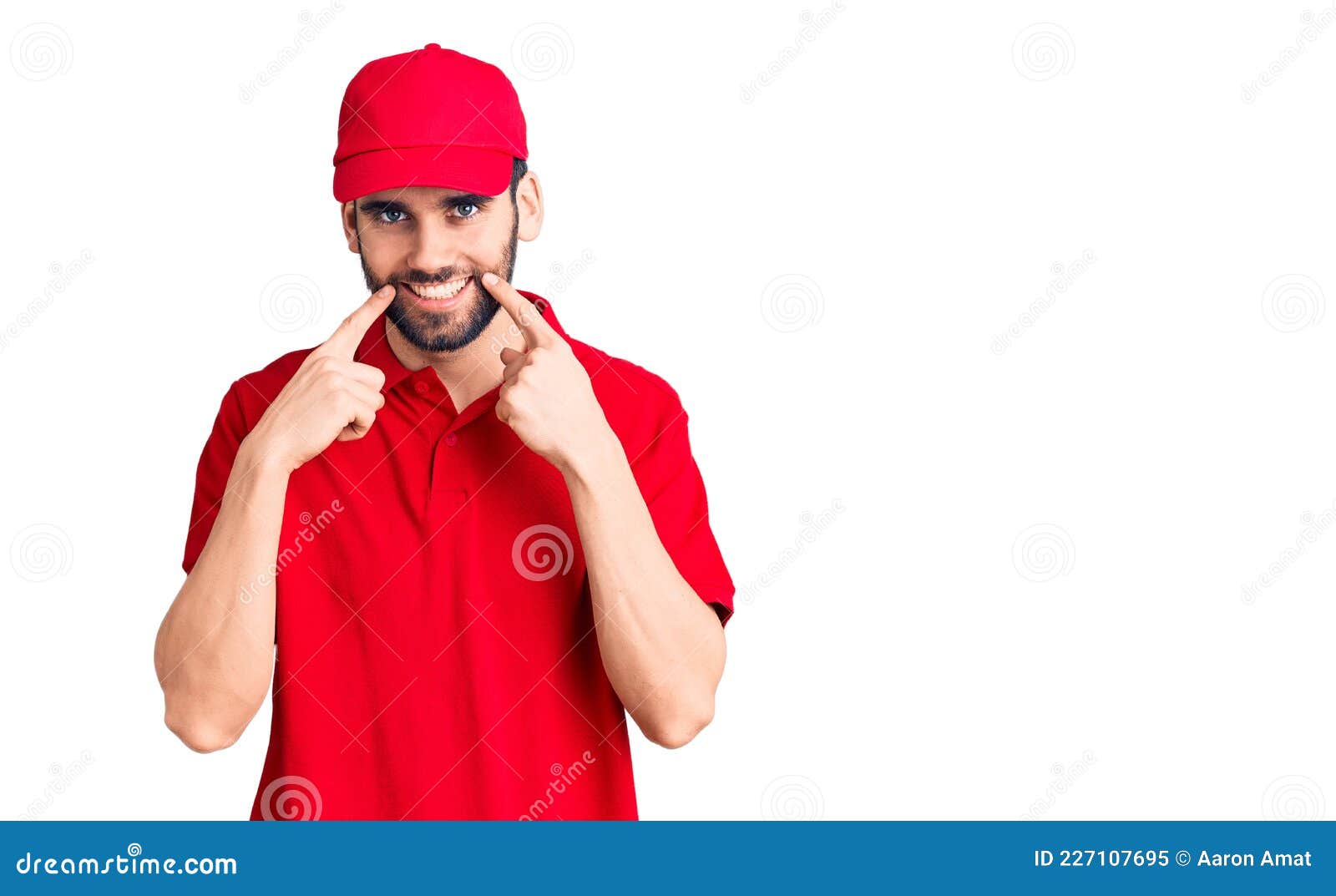Young Handsome Man With Beard Wearing Delivery Uniform Smiling With