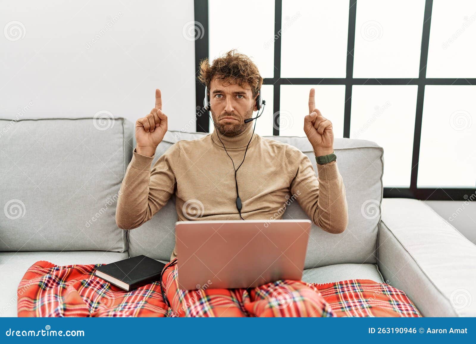 Young Handsome Man with Beard Wearing Operator Headset Working from ...