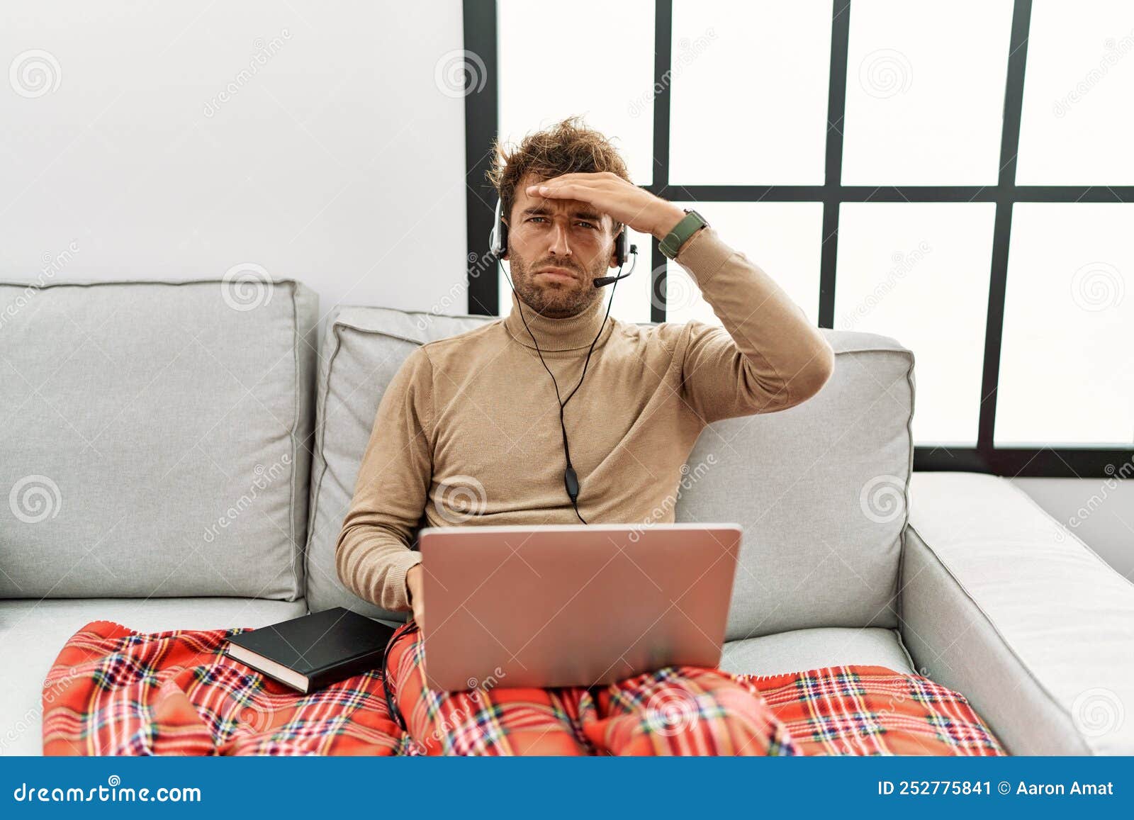 Young Handsome Man with Beard Wearing Operator Headset Working from ...