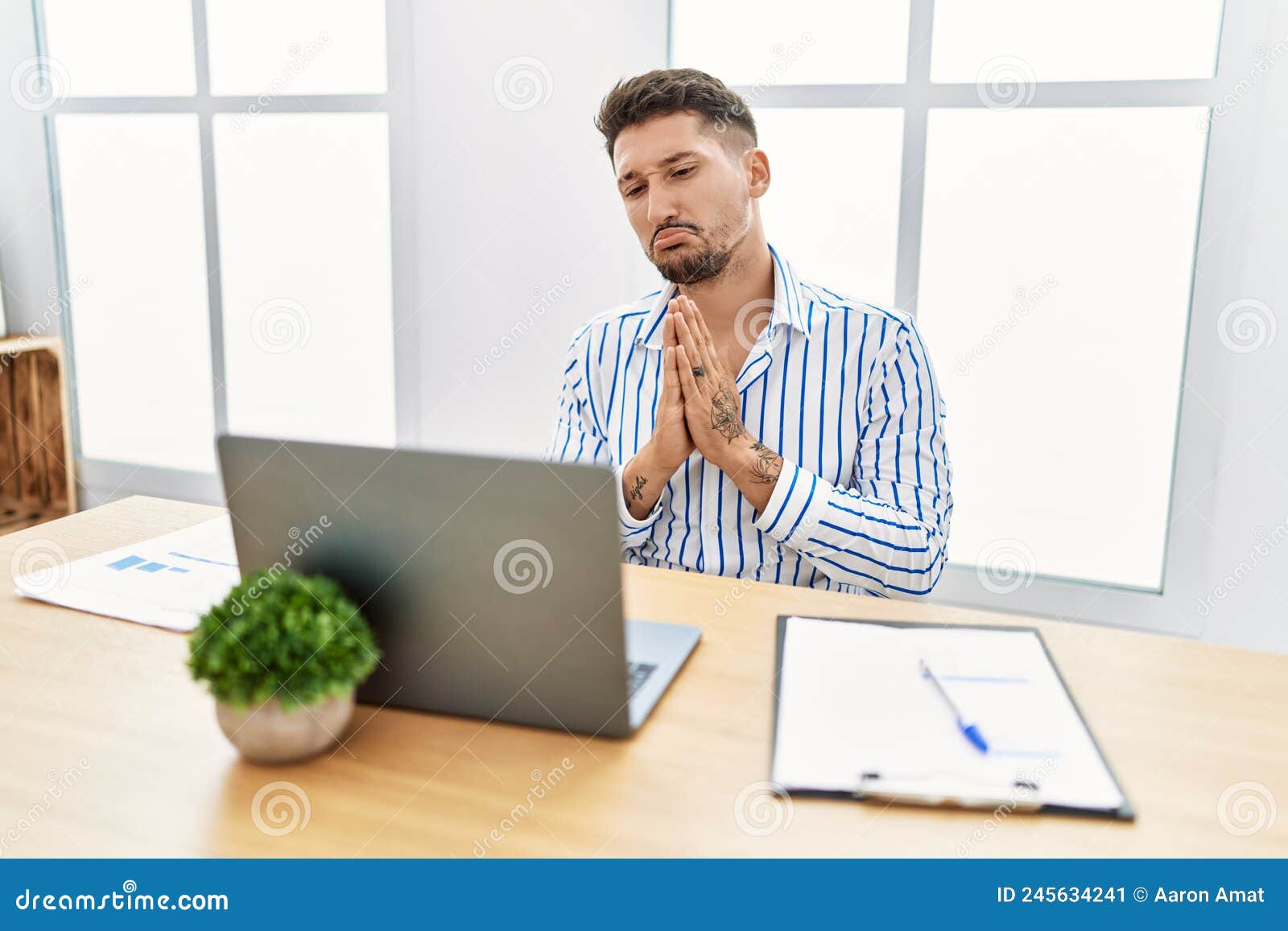Young Handsome Man with Beard Working at the Office Using Computer ...