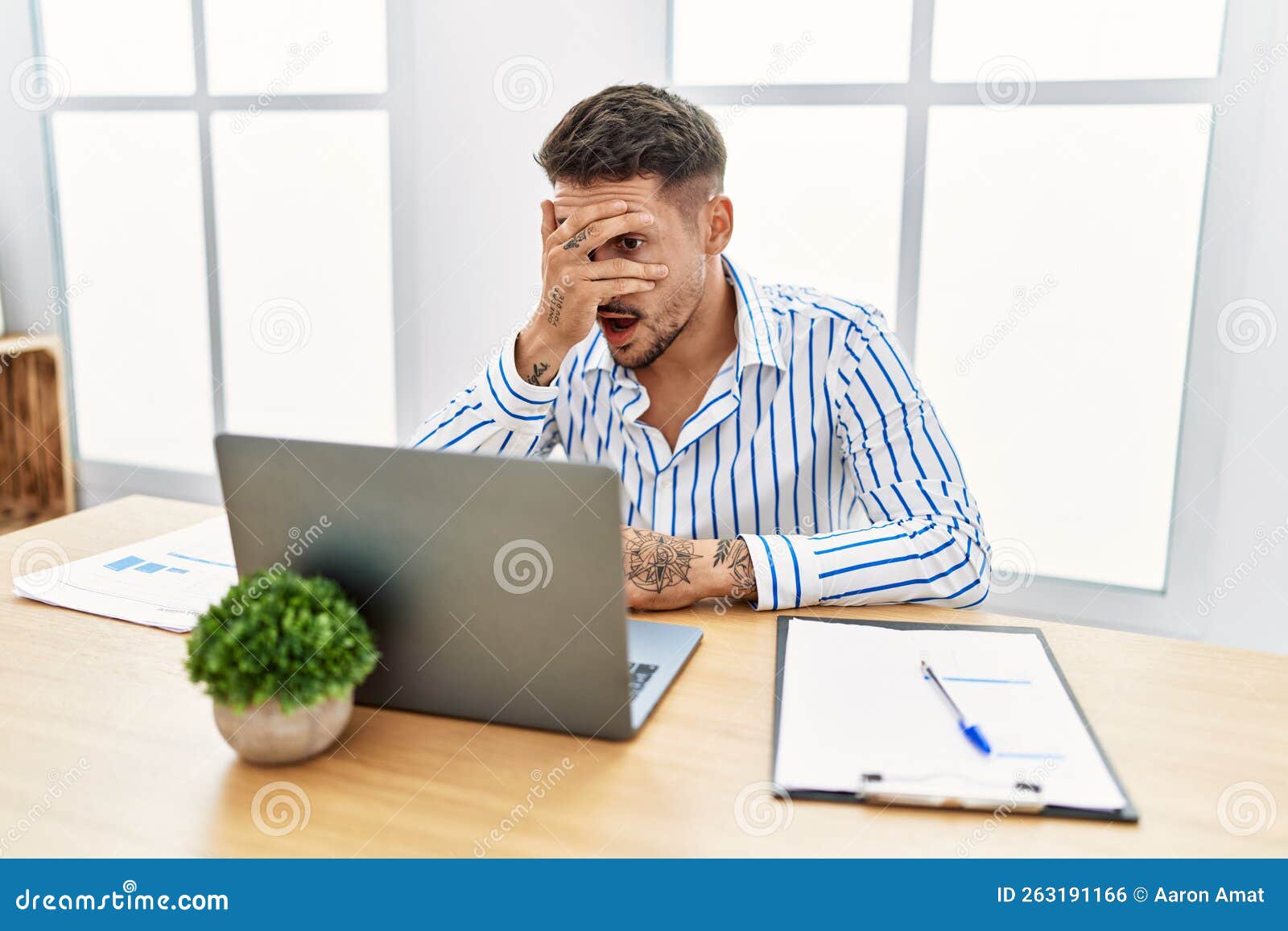 Young Handsome Man with Beard Working at the Office Using Computer ...
