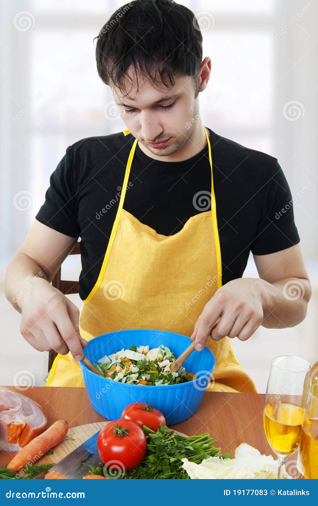 Young Handsome Man Cooking Salad Stock Image - Image of beverage ...