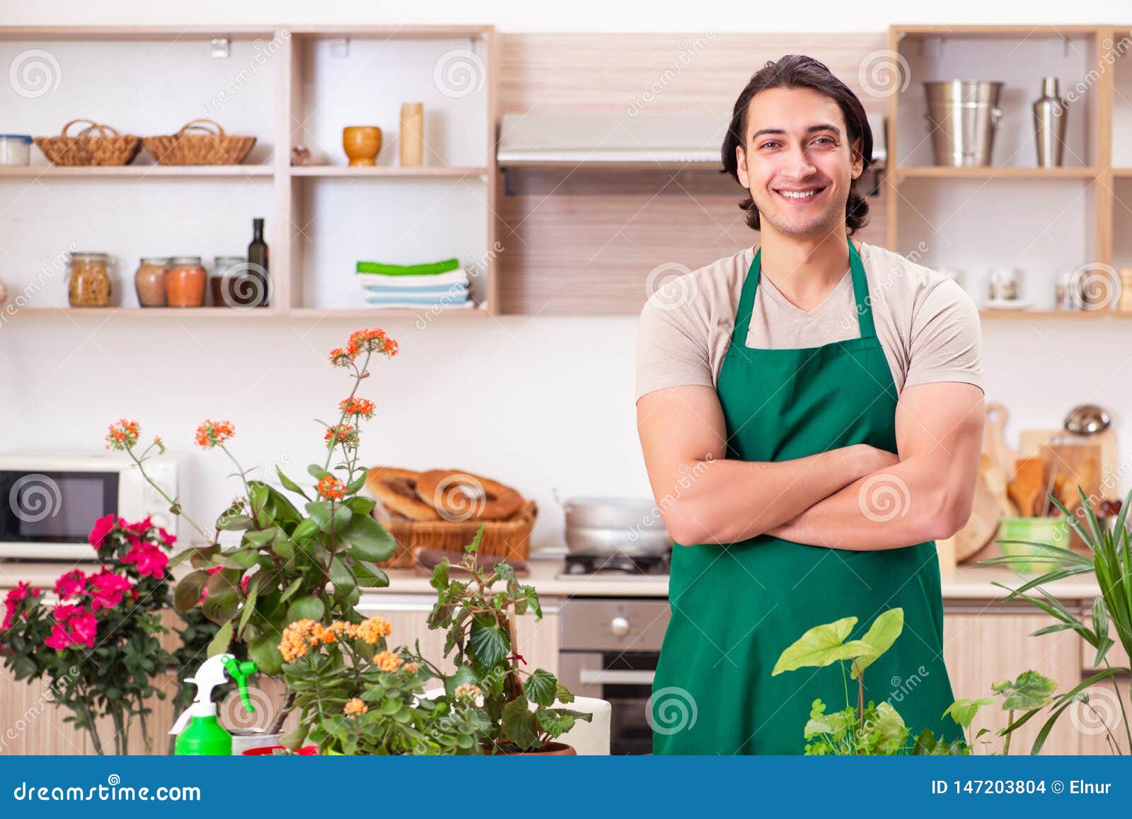 The Young Handsome Man Cultivating Flowers at Home Stock Photo - Image ...