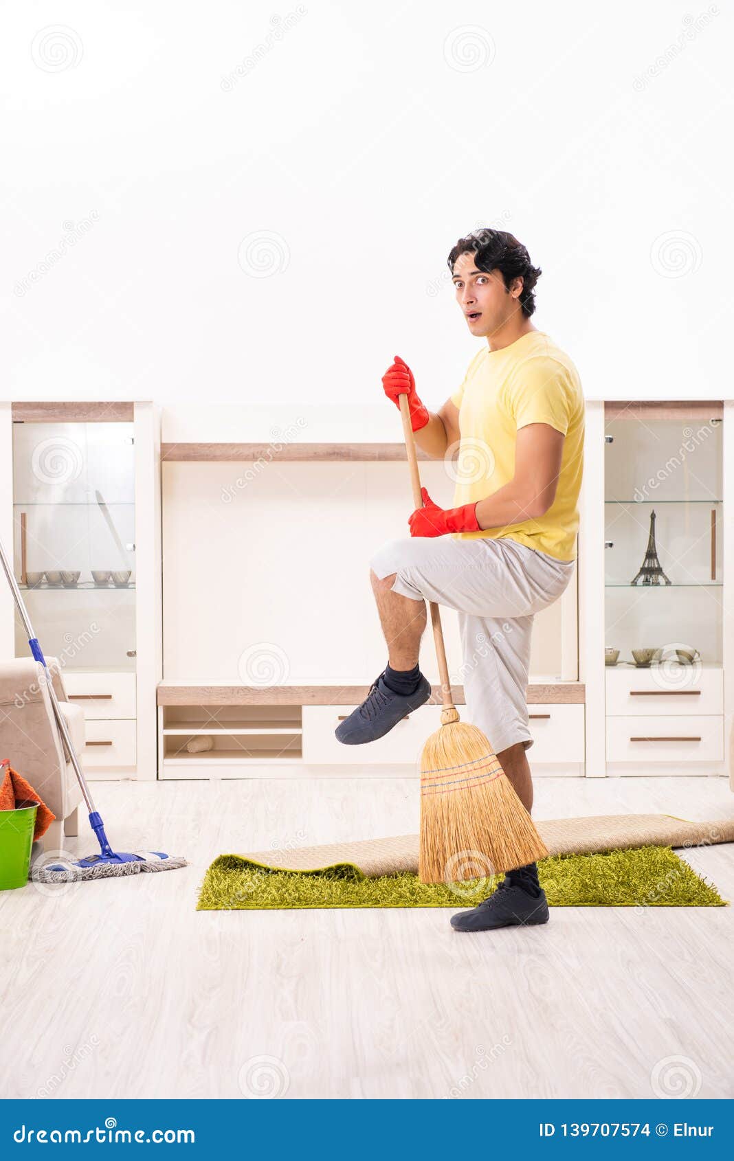The Young Handsome Man Doing Housework Stock Photo - Image of clean ...