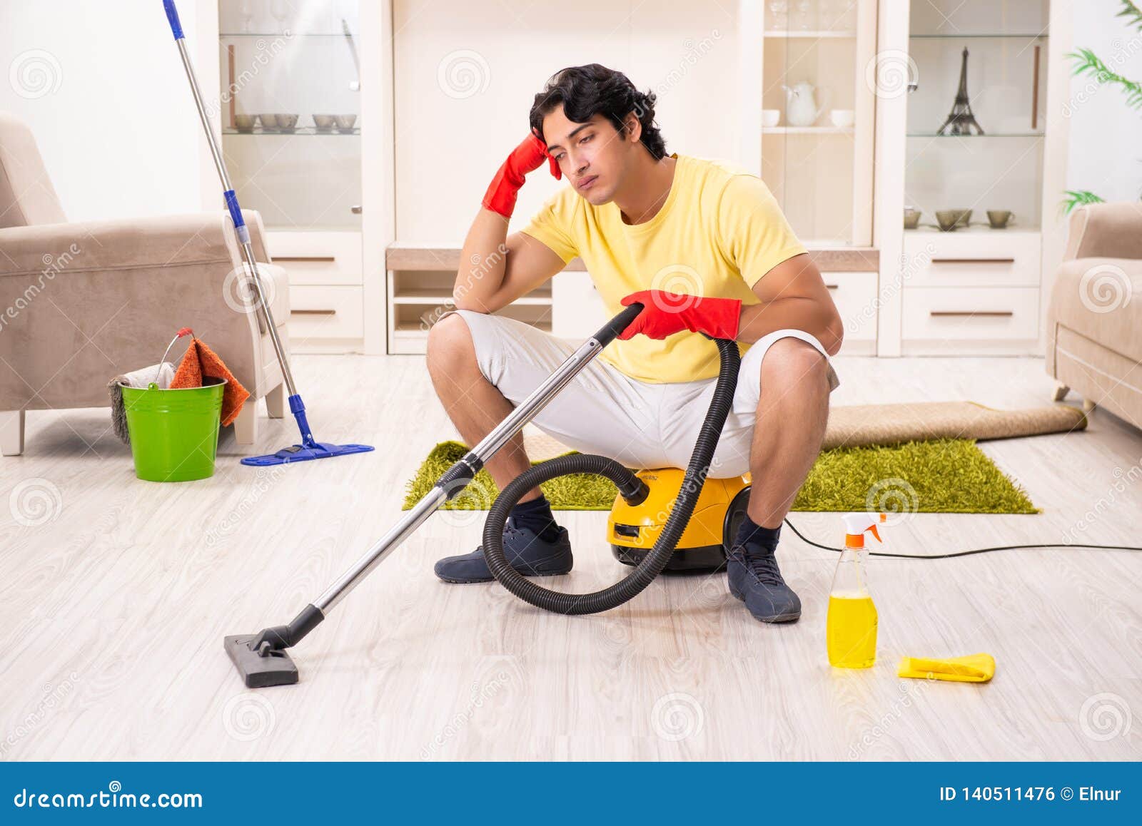 The Young Handsome Man Doing Housework Stock Photo - Image of floor ...