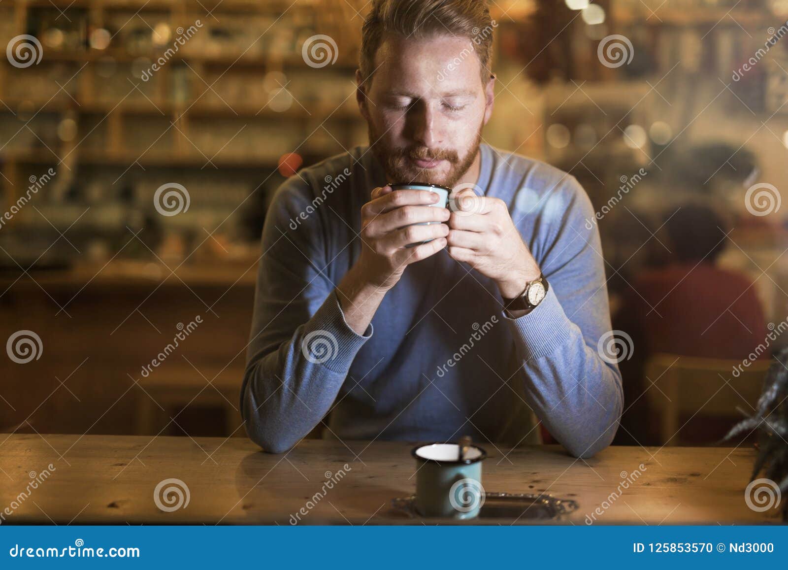Young Handsome Man Drinking Coffee in Bar Stock Photo - Image of ...