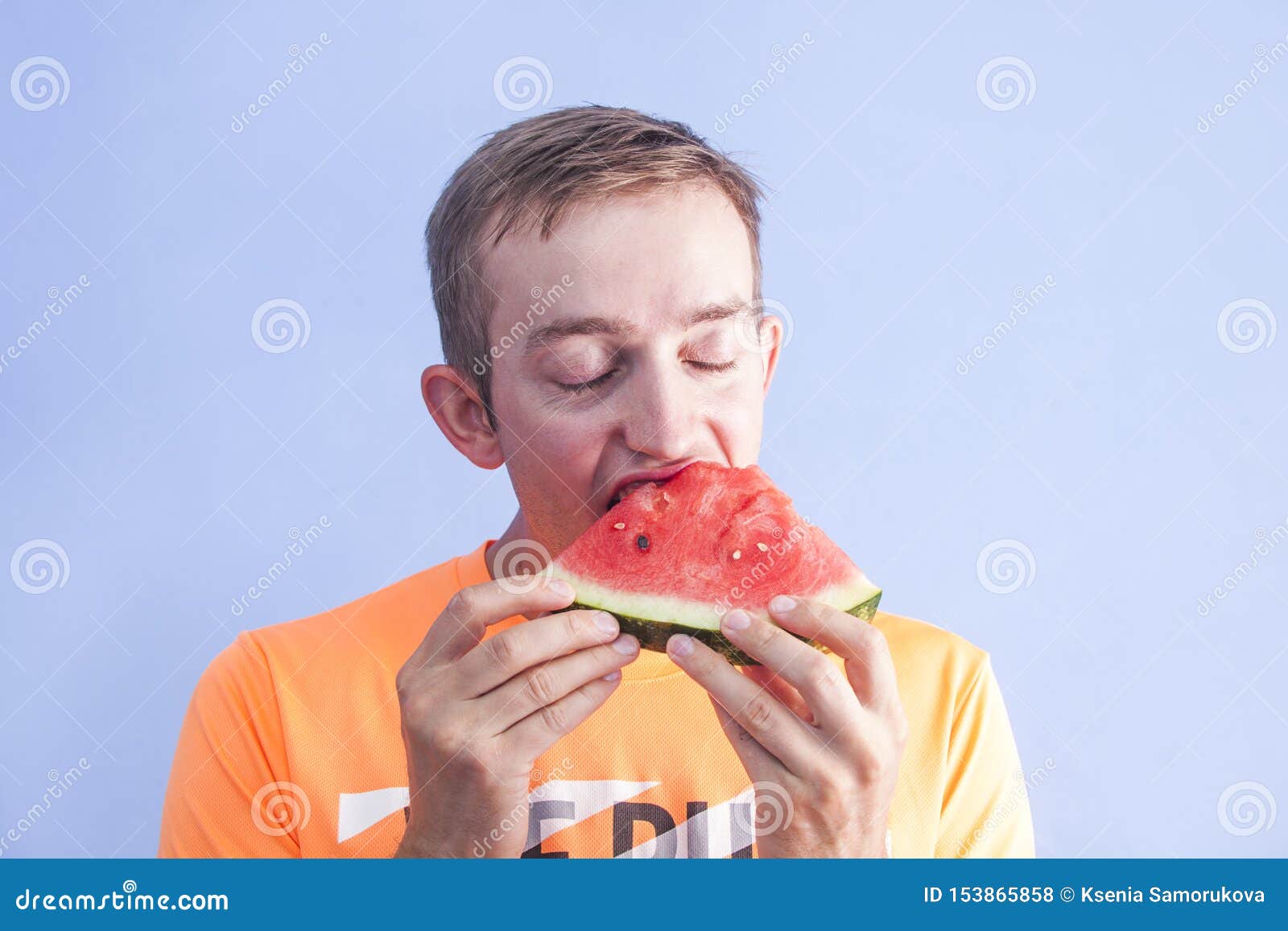 Young Handsome Man Eats Watermelon Stock Photo - Image of color, flesh ...