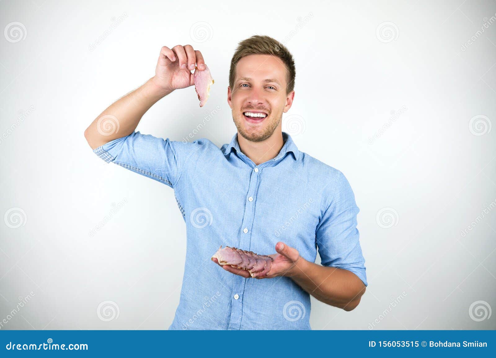 Young Handsome Man Holding Bacon on White Background Stock Image ...