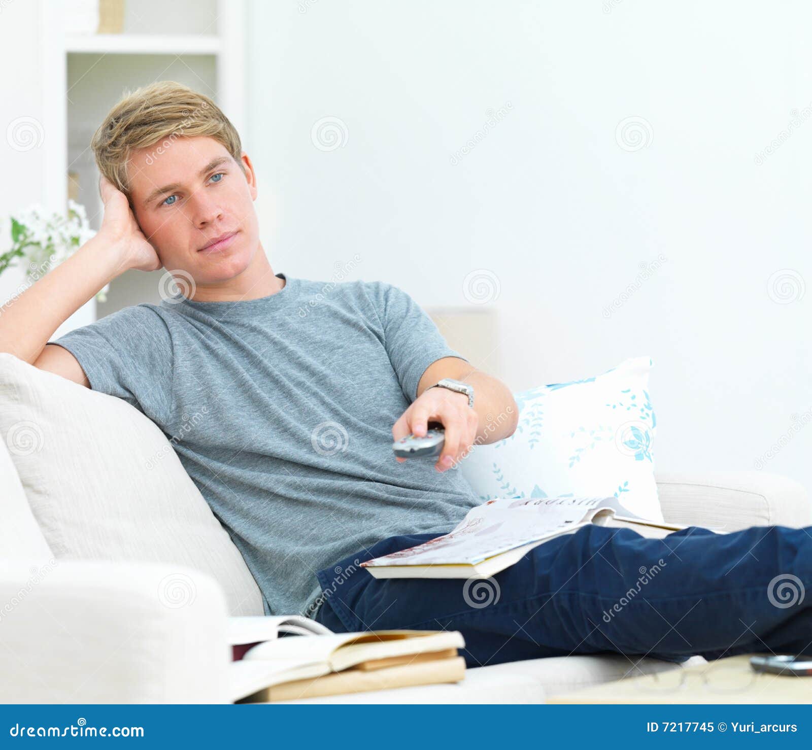 Young Handsome Man Holding TV Remote Stock Image - Image of happy ...