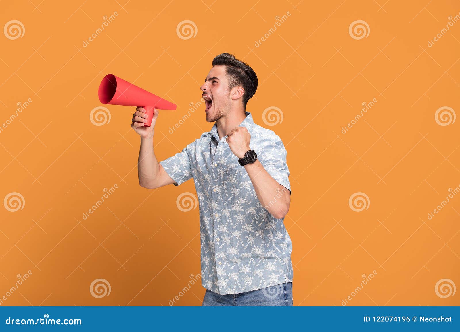 Handsome Man Shouting by Megaphone. Stock Photo - Image of shirt, adult ...