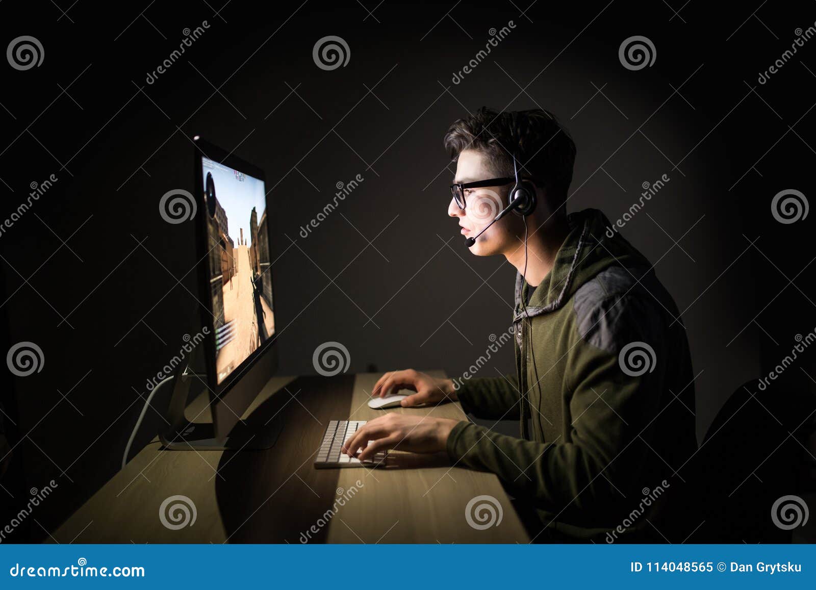 Young Handsome Man Playing Computer Games in Dark Room Stock Image ...