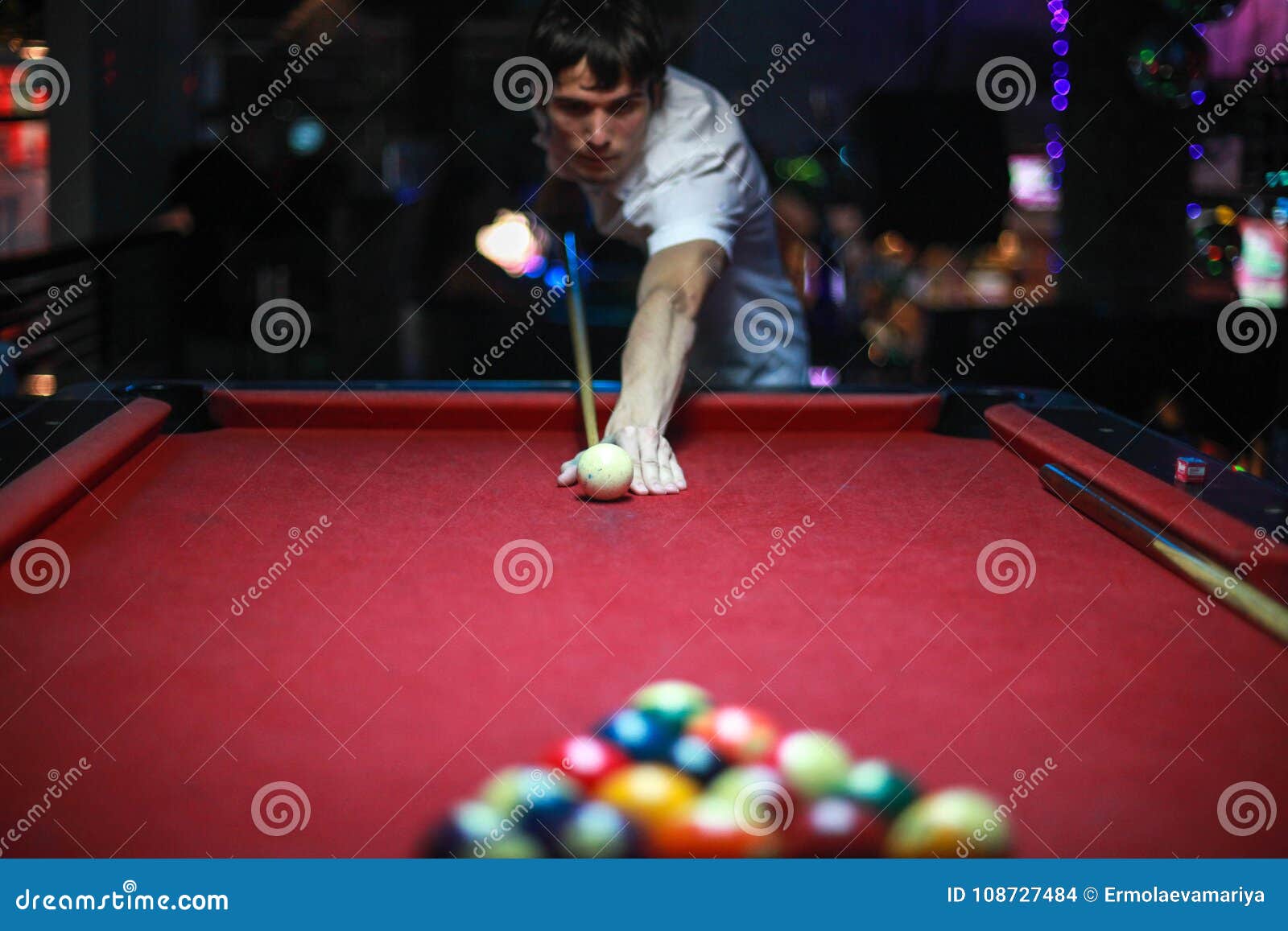 Young Handsome Man Playing in Pool at Night Bar Stock Photo - Image of ...