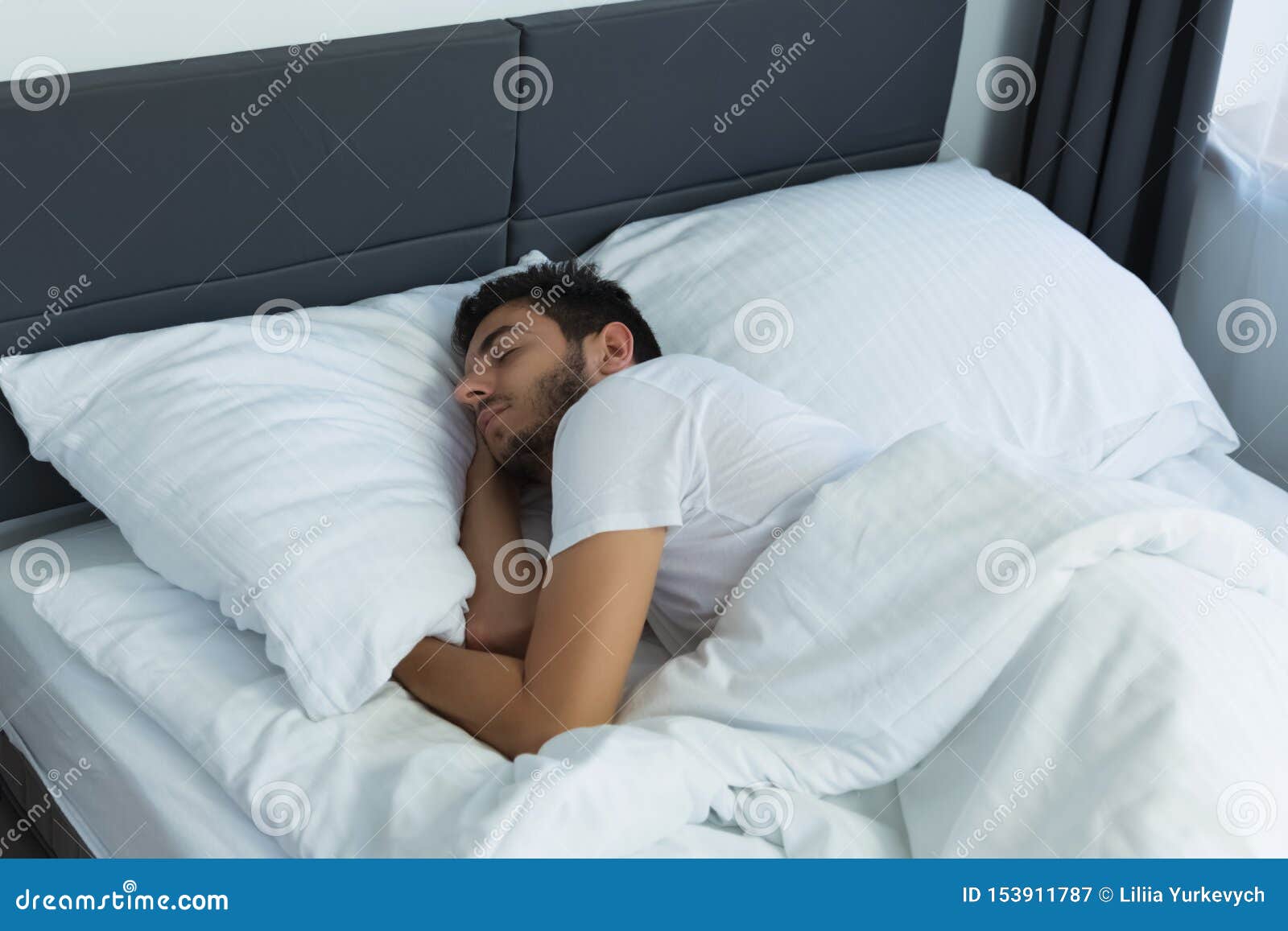 Young Handsome Man Sleeping in His Bed. Stock Image - Image of night ...