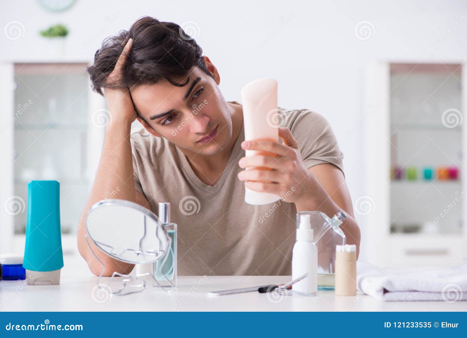 The Young Handsome Man Staring in the Mirror Stock Image - Image of ...