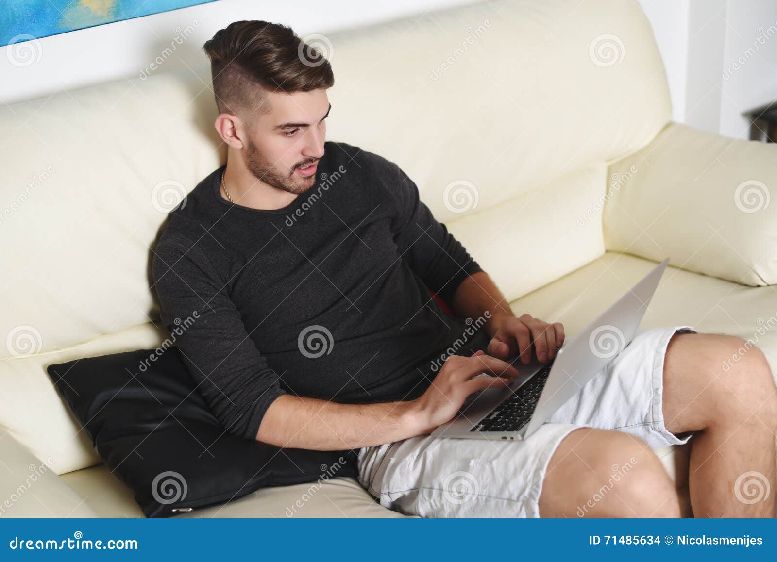 Young Handsome Man Using His Laptop Stock Photo - Image of interior ...