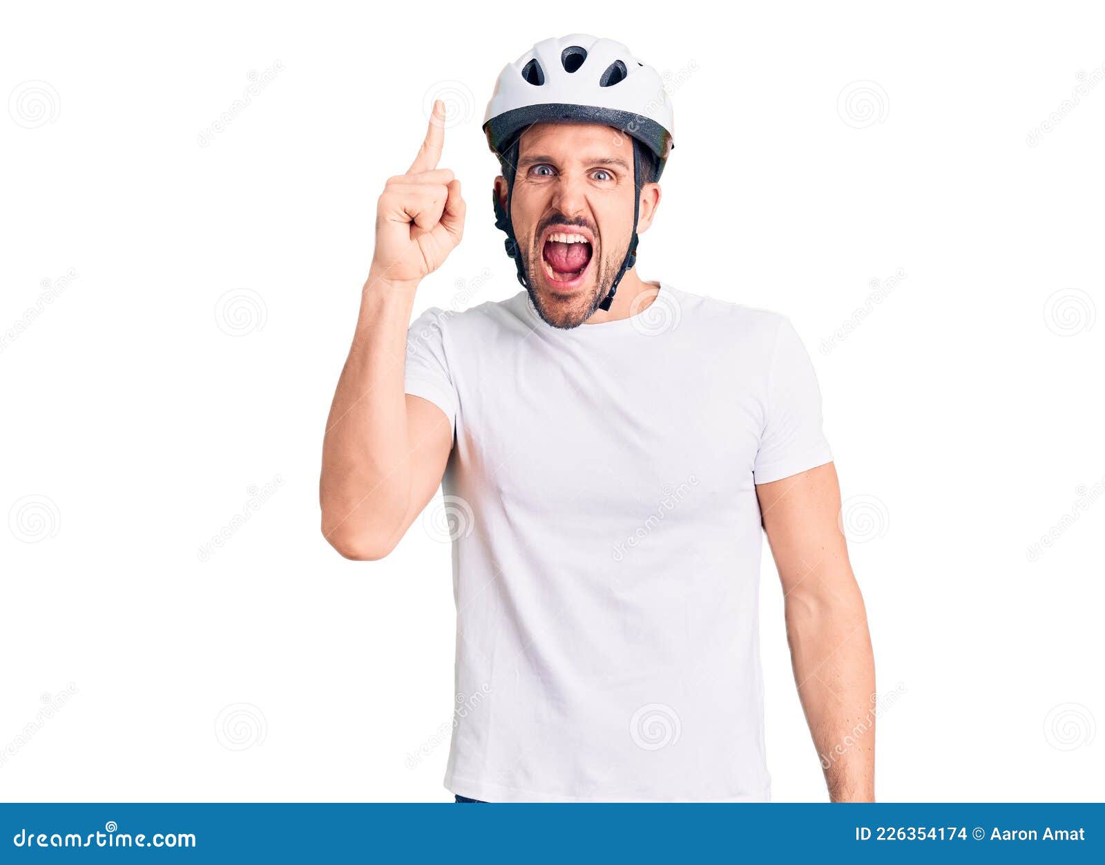 Young Handsome Man Wearing Bike Helmet Pointing Finger Up With