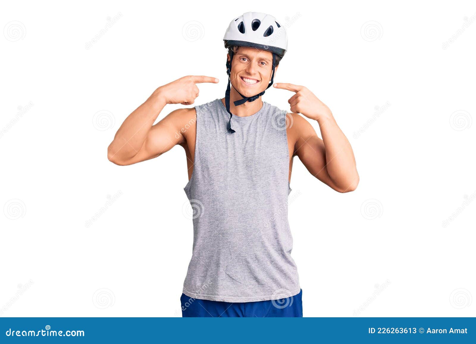 Young Handsome Man Wearing Bike Helmet Smiling Cheerful Showing And