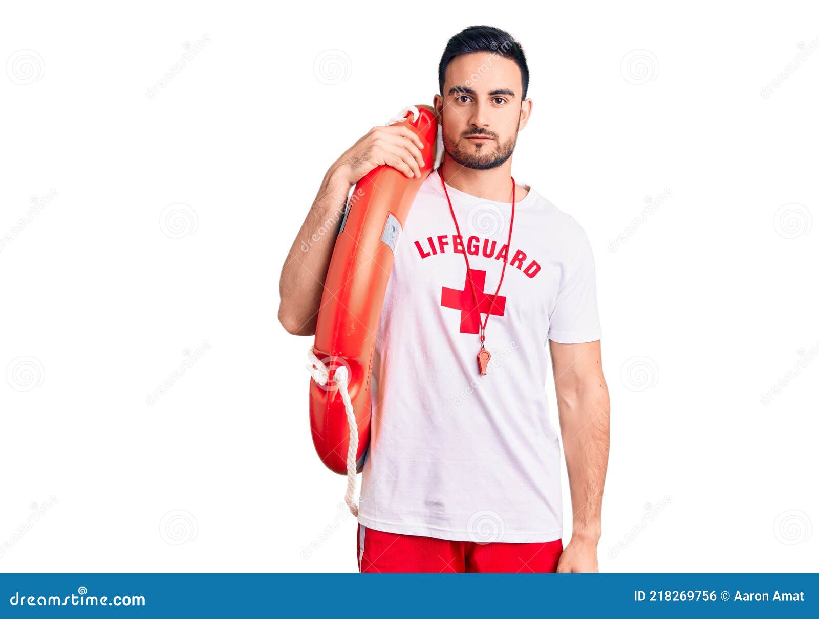 Young Handsome Man Wearing Lifeguard Uniform Holding Float Thinking ...