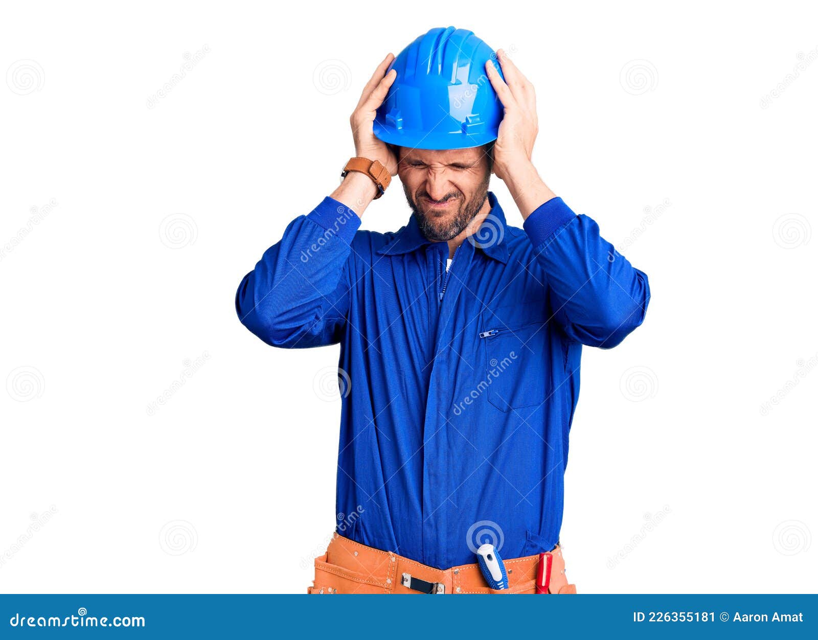 Young Handsome Man Wearing Worker Uniform and Hardhat with Sad ...