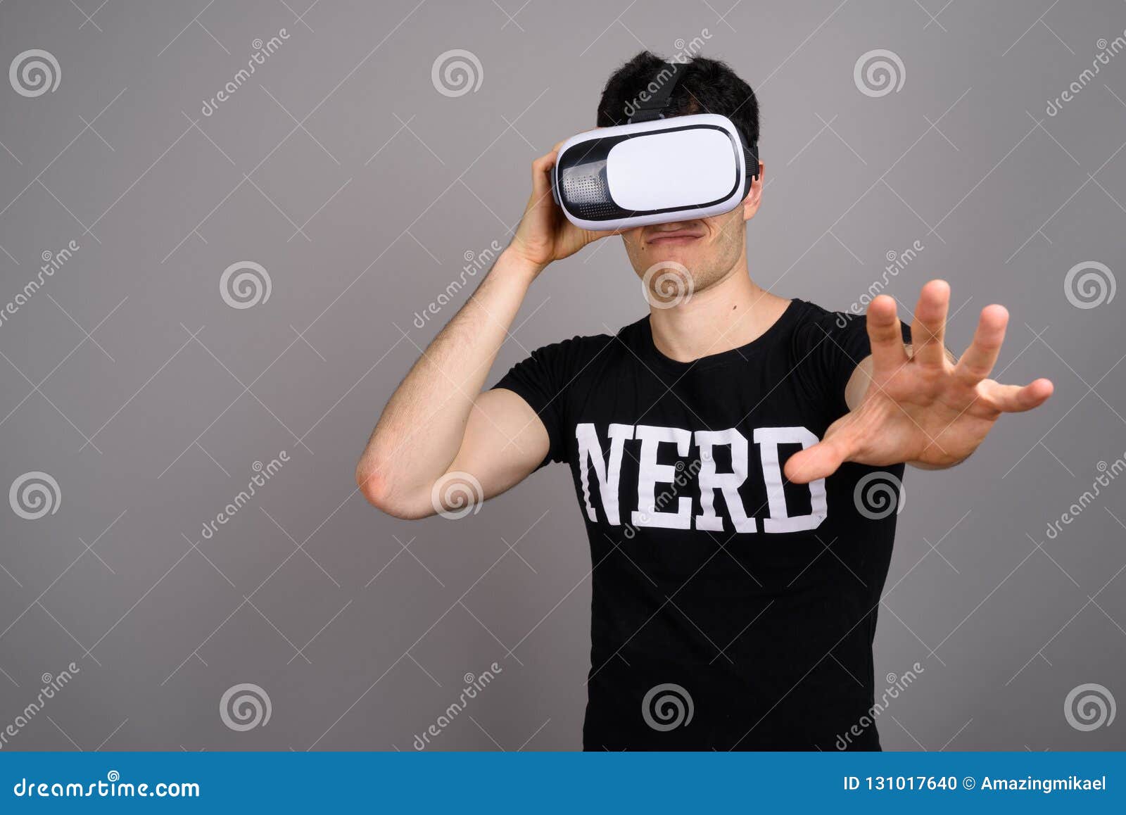 Young Handsome Nerd Man Wearing Virtual Reality Headset Stock Photo ...