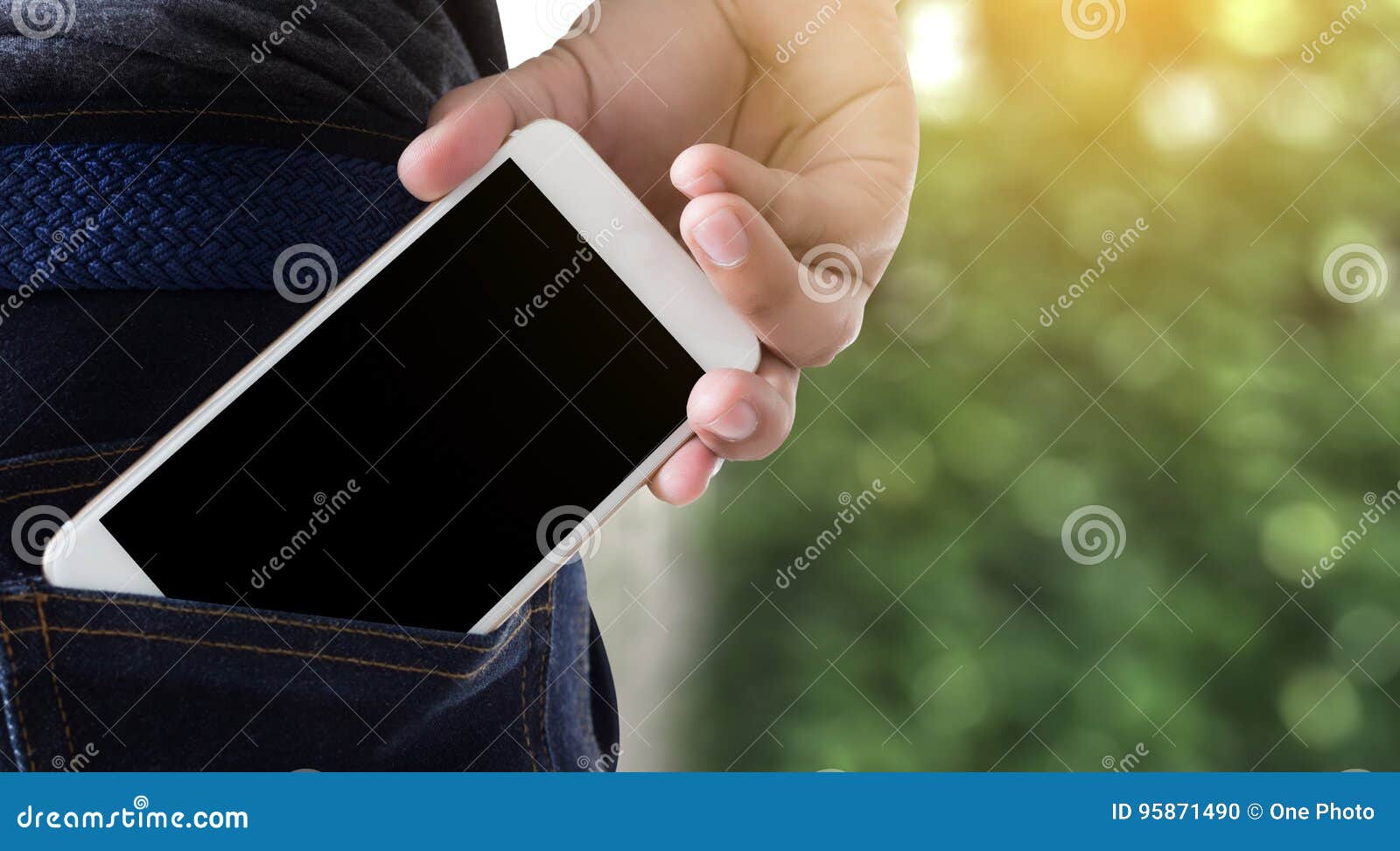 Young Handsome Poses Hand Mobile Phone Pocket Communication Copy Stock ...