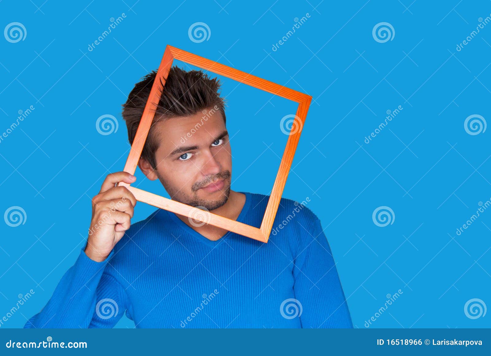 Young Handsome Man on Blue Background Stock Photo - Image of hair ...